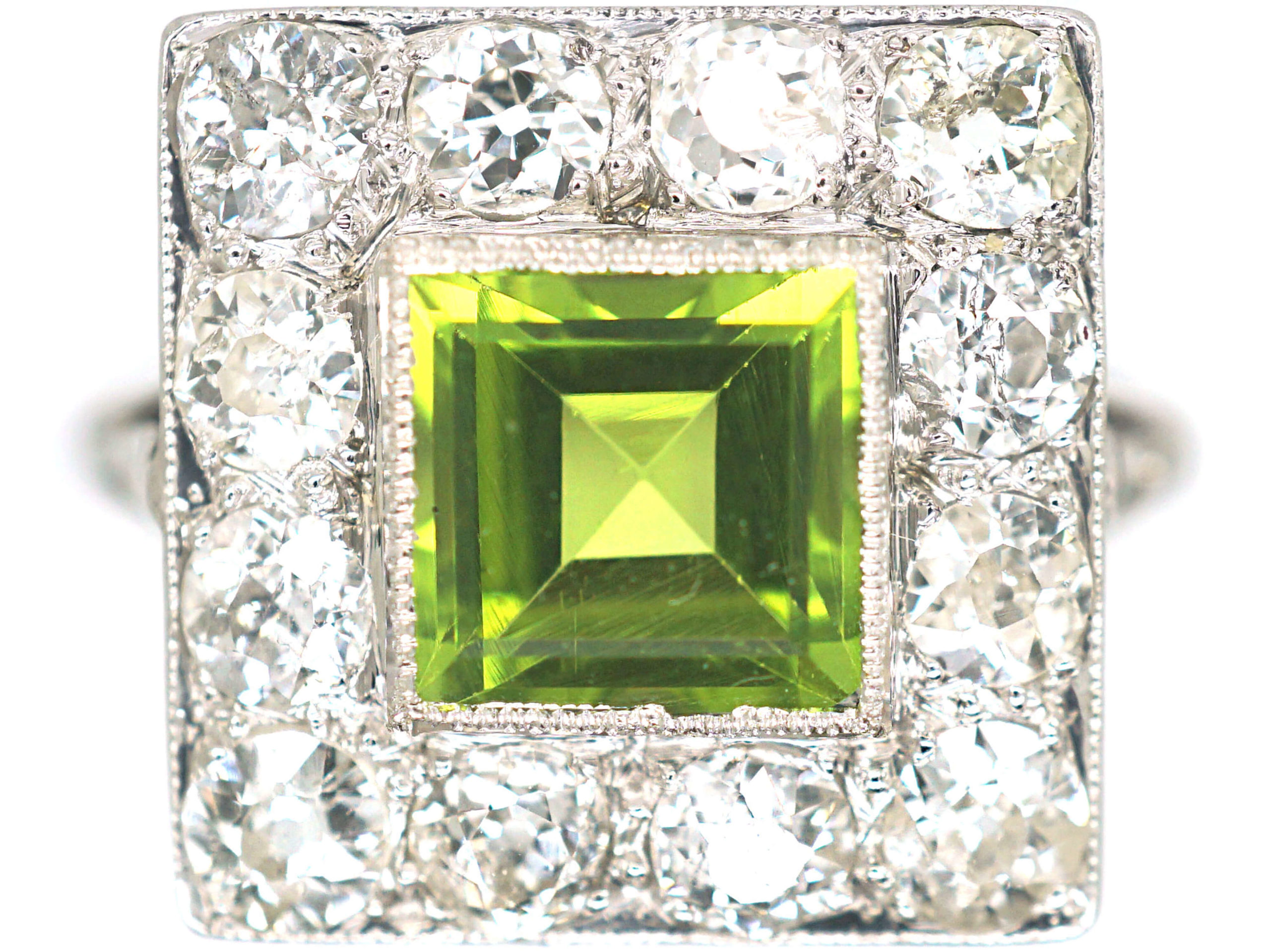 Platinum, Peridot & Diamond Square Shaped Ring (246P) | The Antique ...