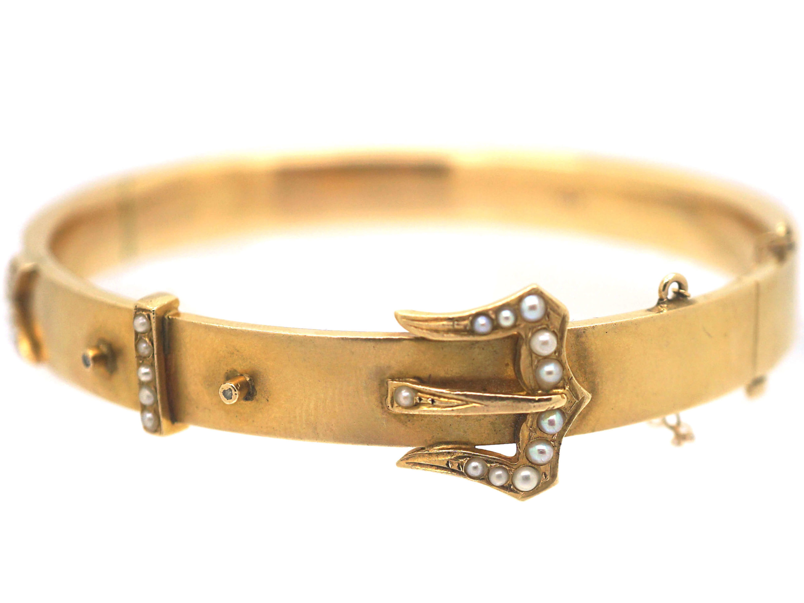 Edwardian 14ct Gold Buckle Bangle set with Natural Split Pearls & Rose ...