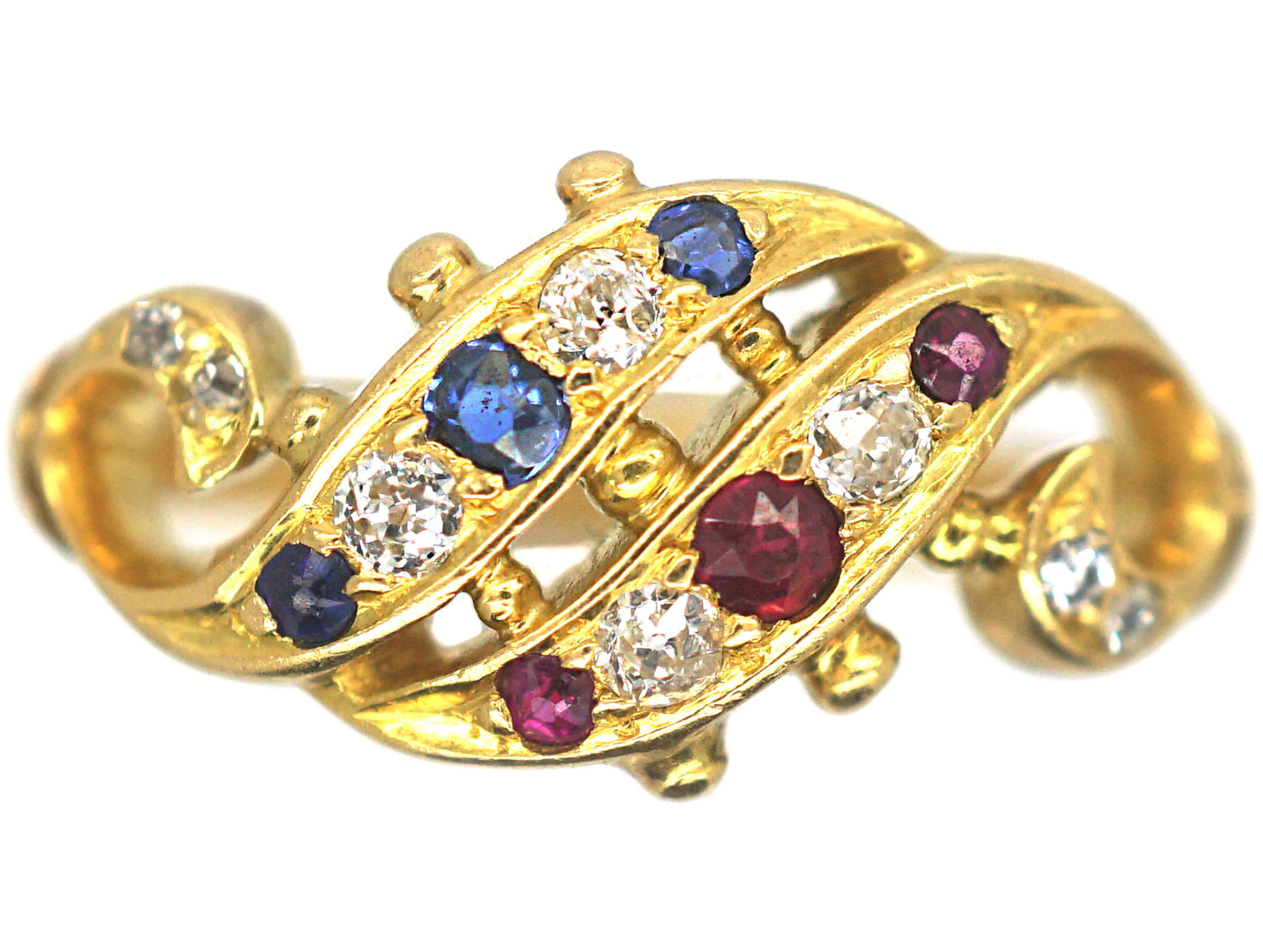 Edwardian 18ct Gold Double Crossover Ring set with Sapphires, Rubies ...