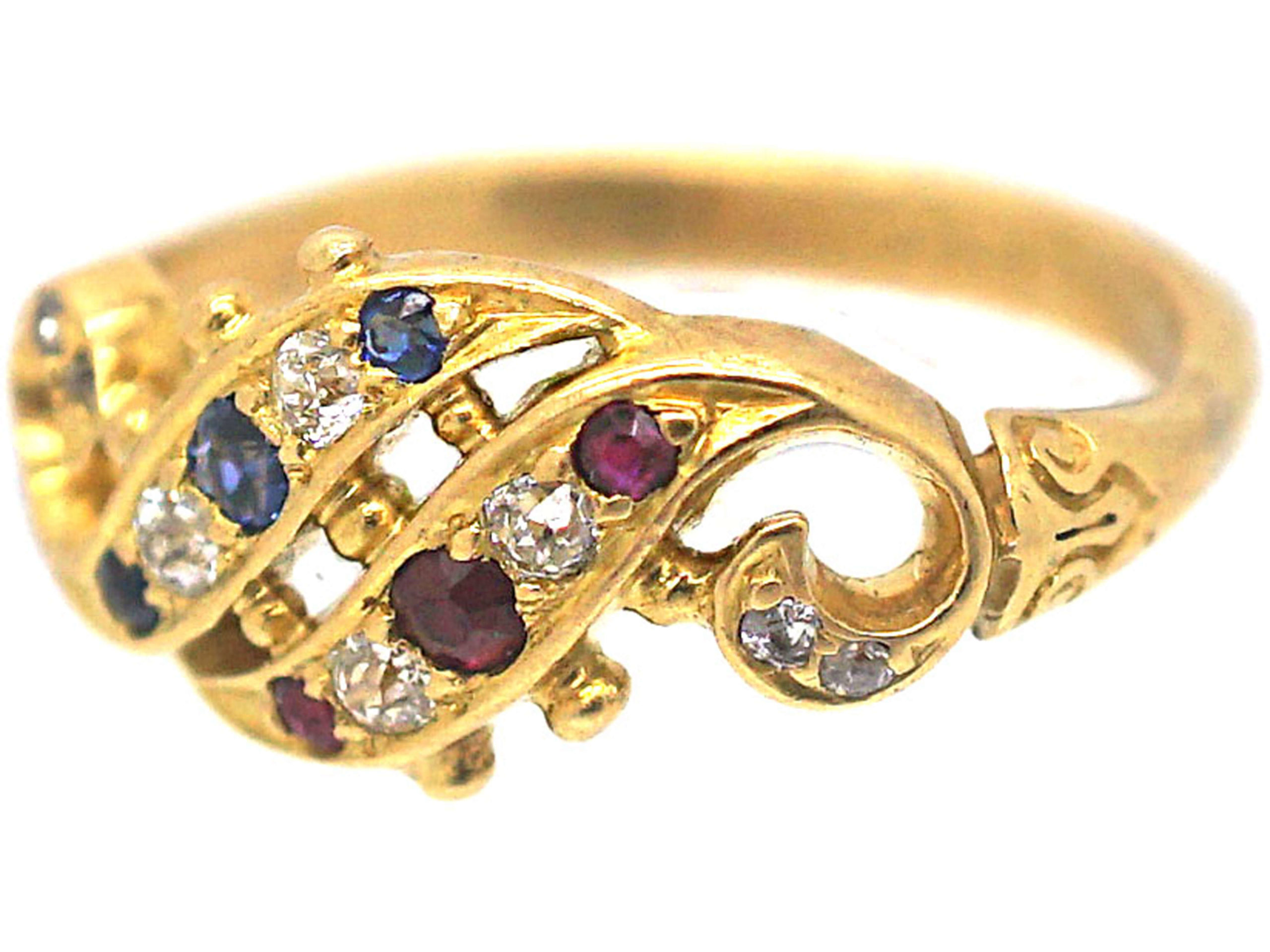 Edwardian 18ct Gold Double Crossover Ring set with Sapphires, Rubies ...