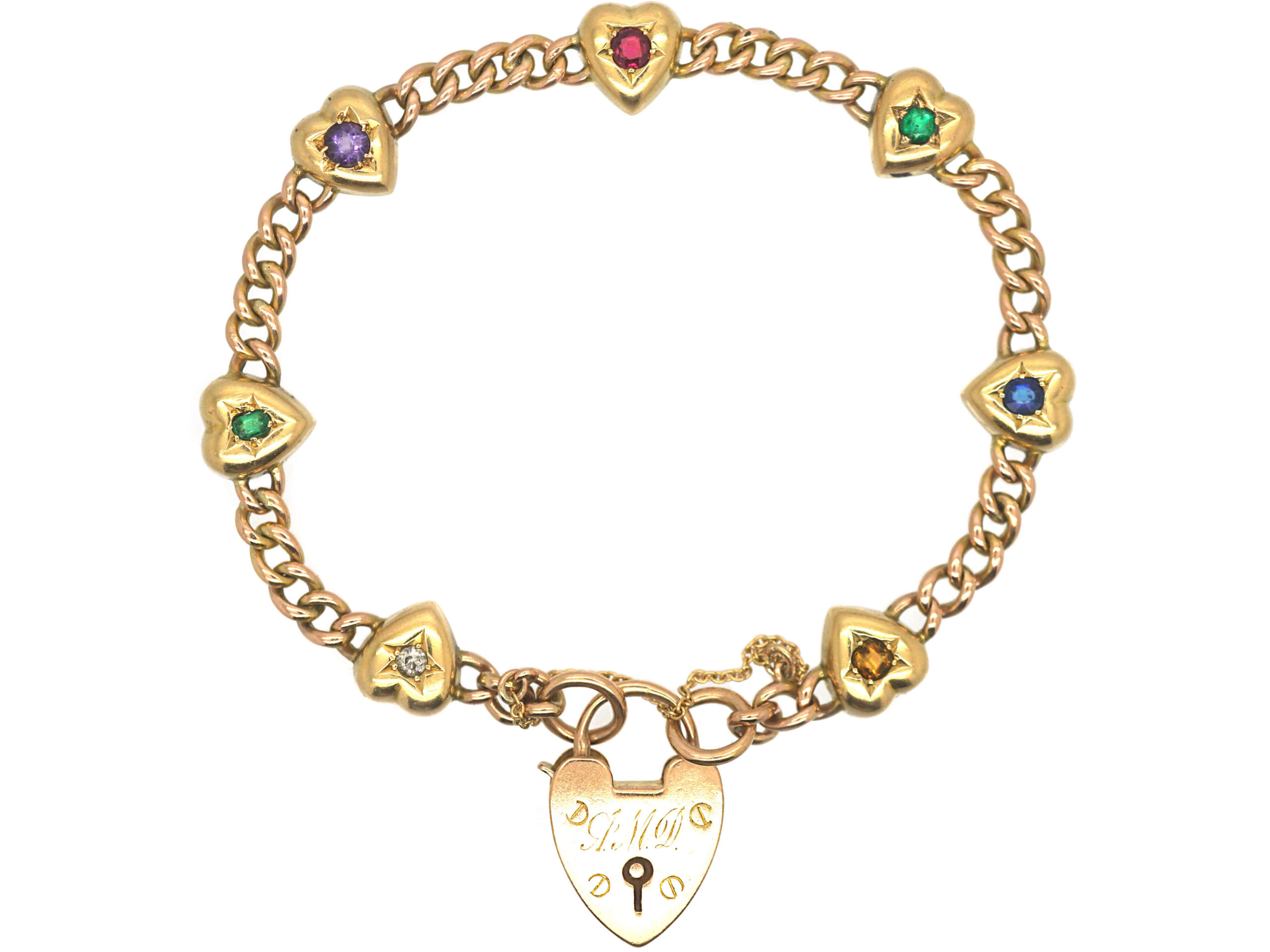 Edwardian 15ct Gold Hearts & Curb Motif Bracelet set with Gemstones ...