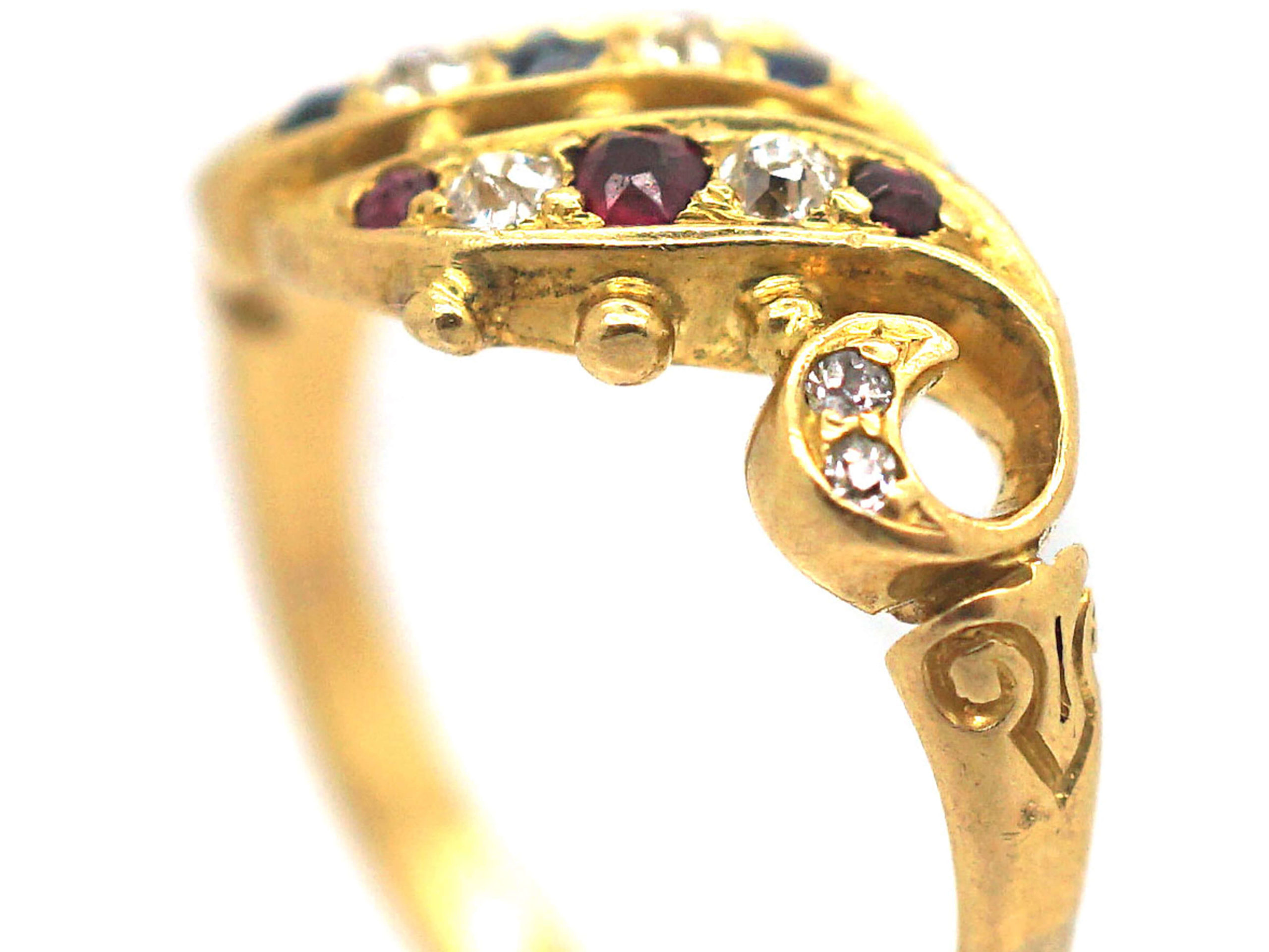 Edwardian 18ct Gold Double Crossover Ring set with Sapphires, Rubies ...