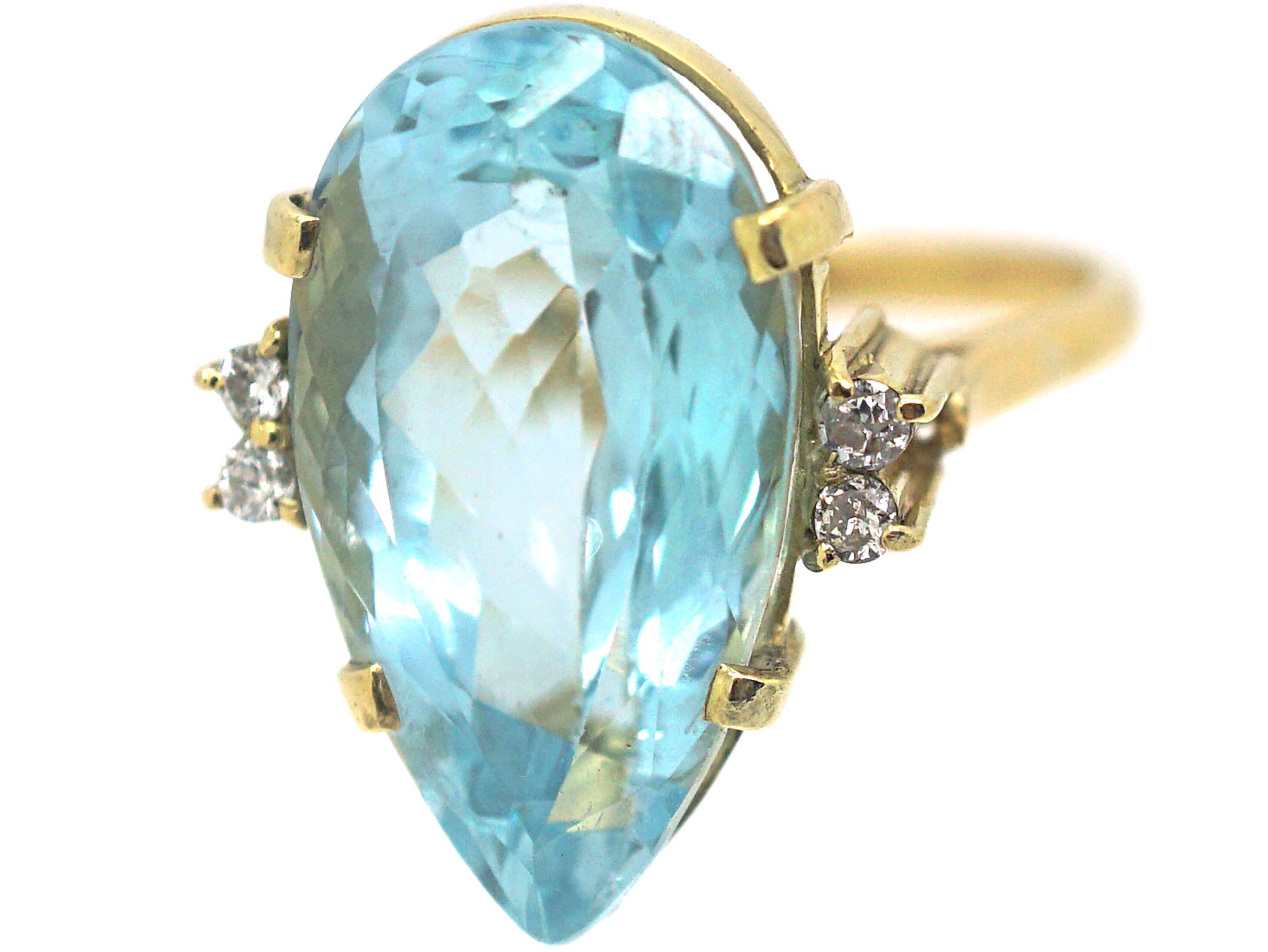 1950's 18ct Gold Large Pear Shaped Blue Topaz Ring with Diamond Set ...