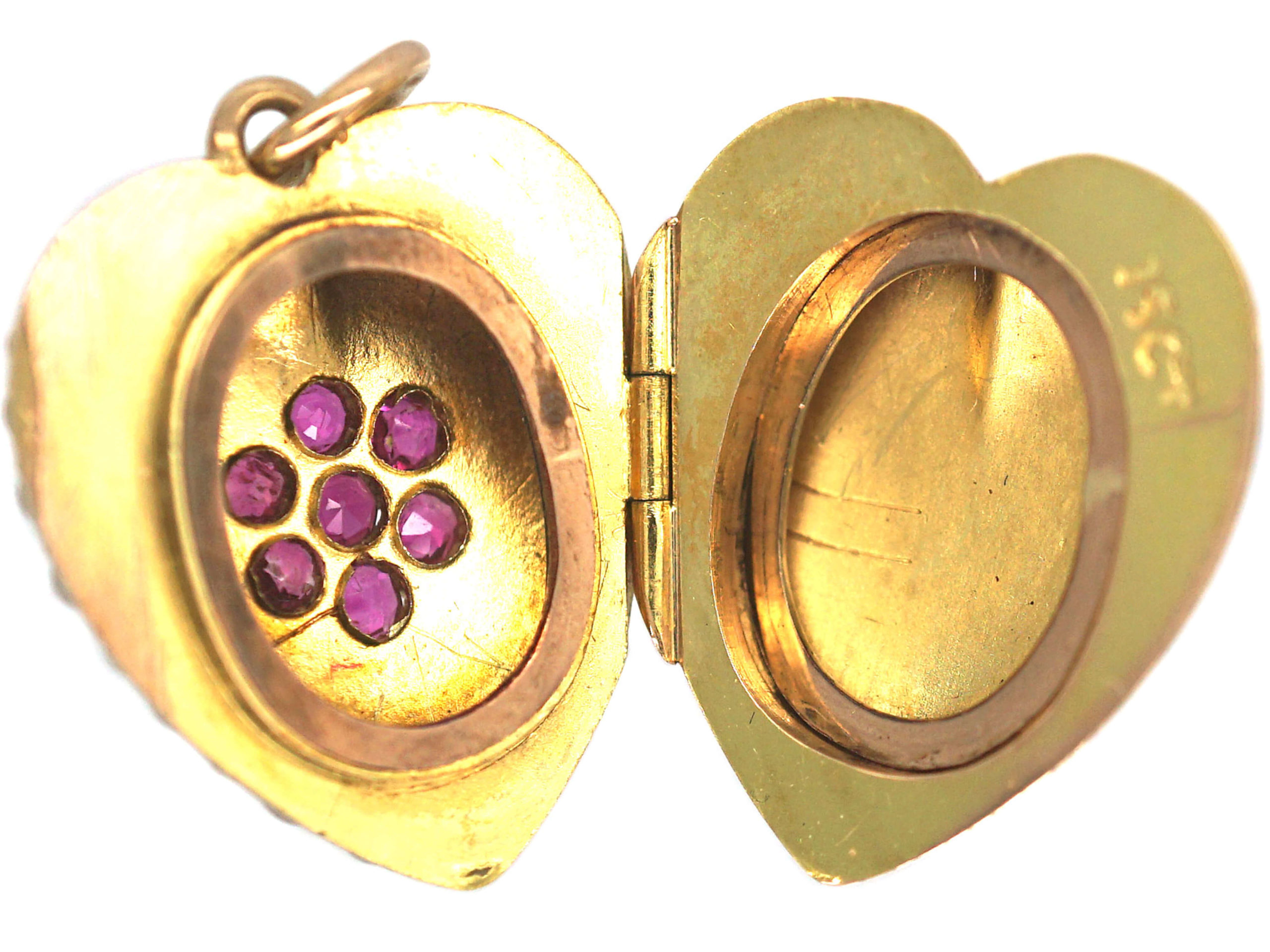 Edwardian 15ct Gold Heart Shaped Locket set with Rubies & Natural Split ...