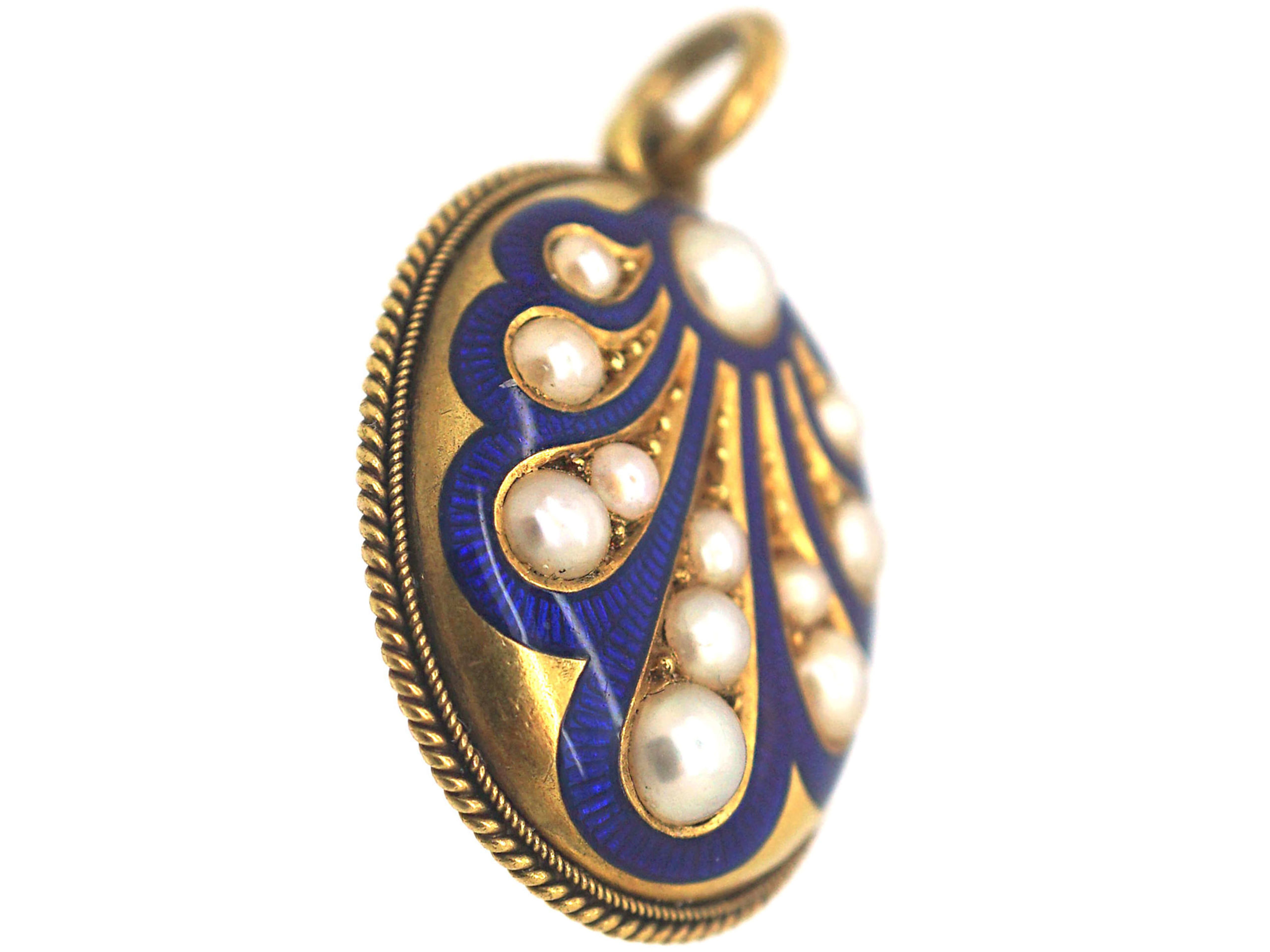 Victorian 18ct Gold Royal Blue Enamel & Natural Split Pearl Pendant ...
