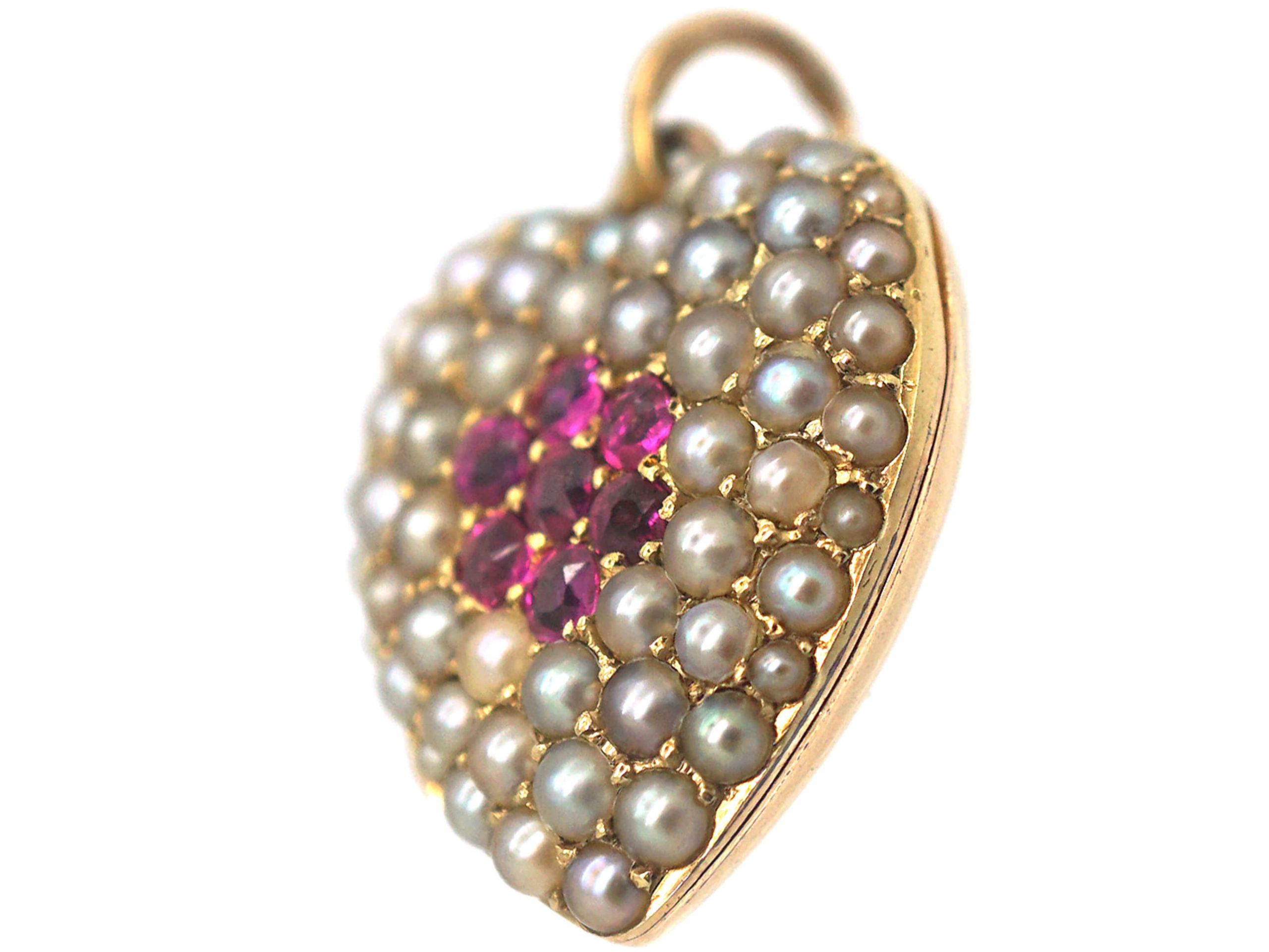 Edwardian 15ct Gold Heart Shaped Locket set with Rubies & Natural Split ...