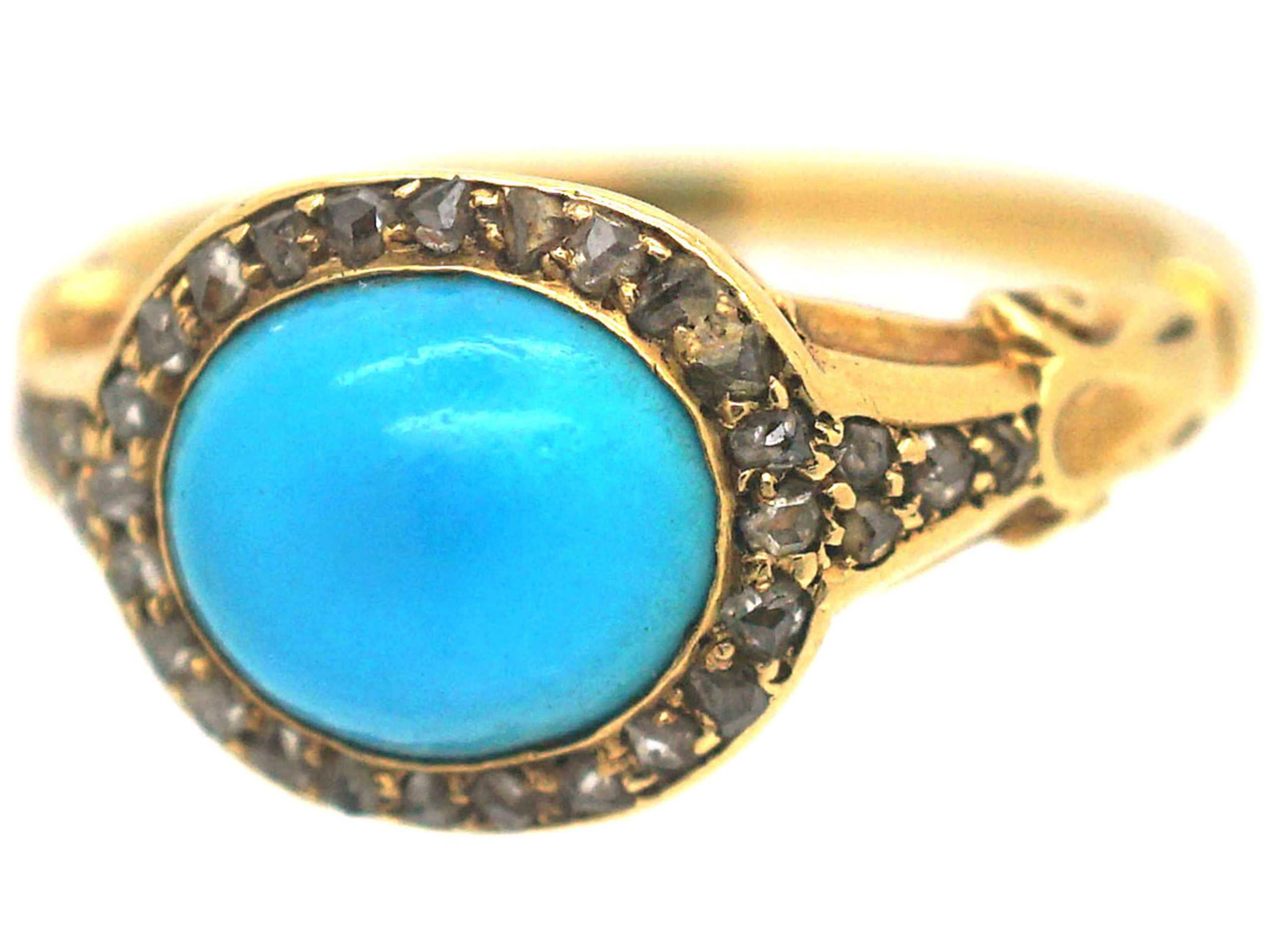 Victorian 18ct Gold, Turquoise & Rose Diamond Ring (558P) | The Antique Jewellery Company