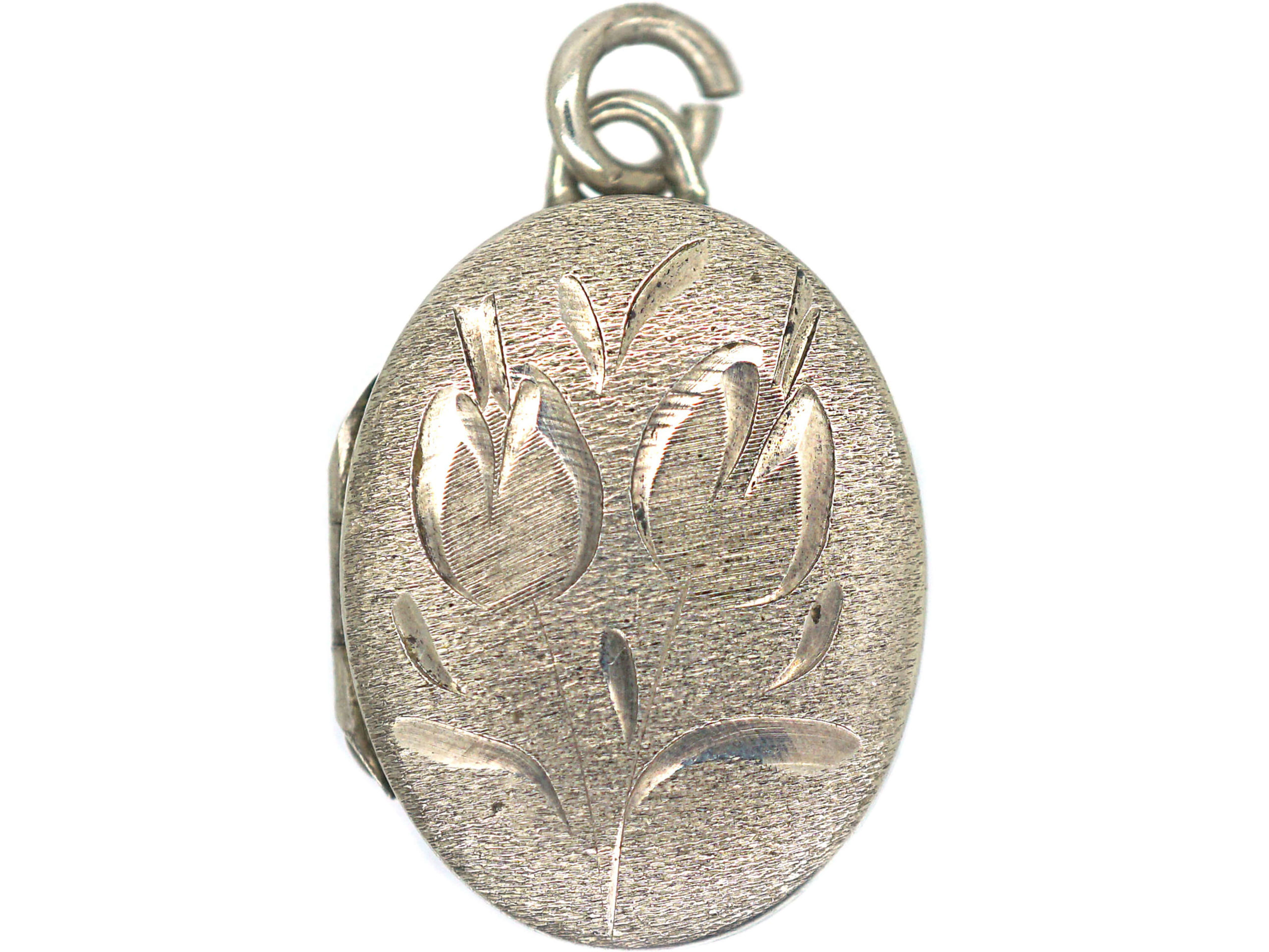 Oval Silver Locket with Tulip Motif (863P) | The Antique Jewellery Company