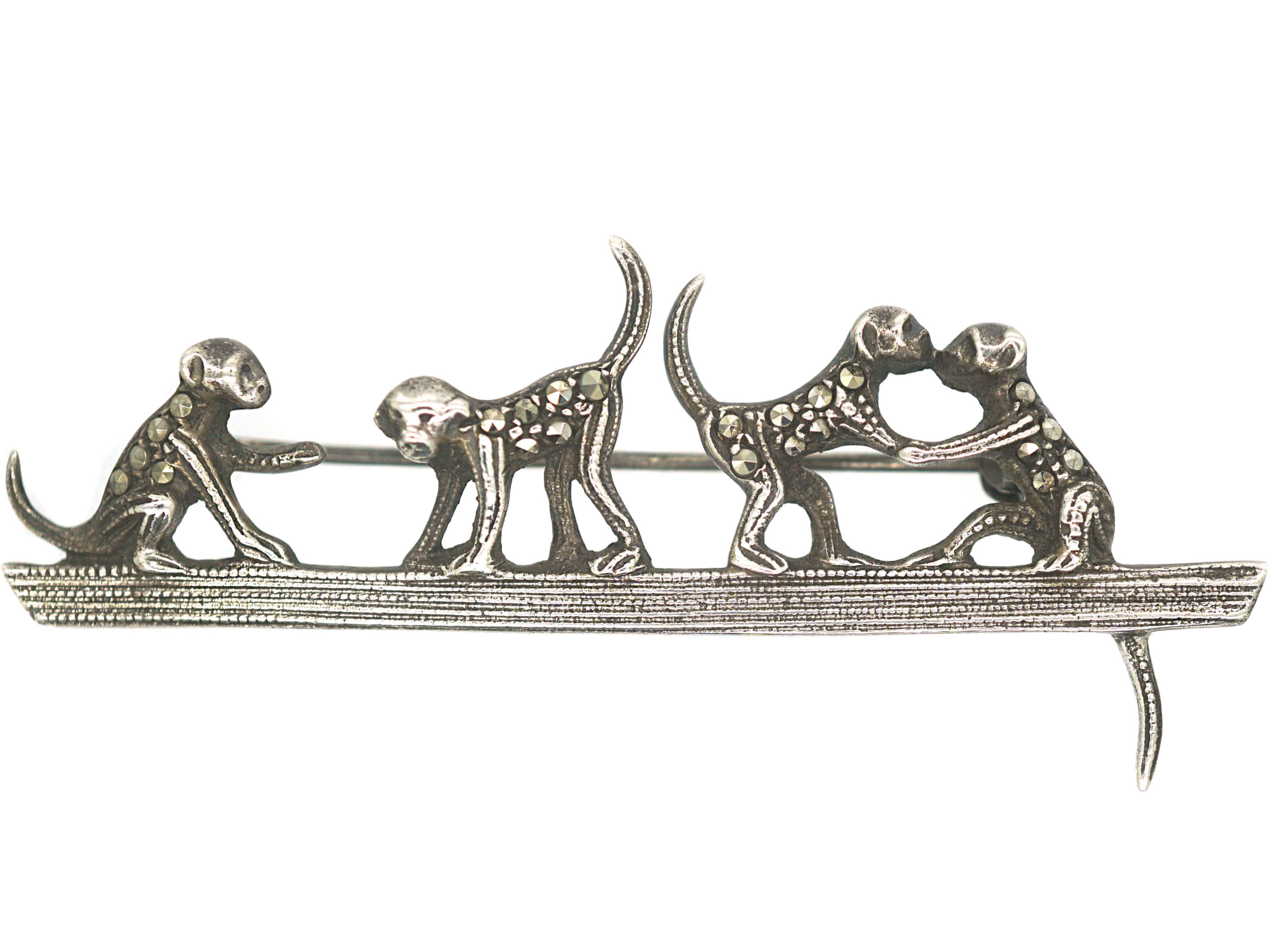 Art Deco Silver & Marcasite Playful Monkeys Brooch (903H) | The Antique ...