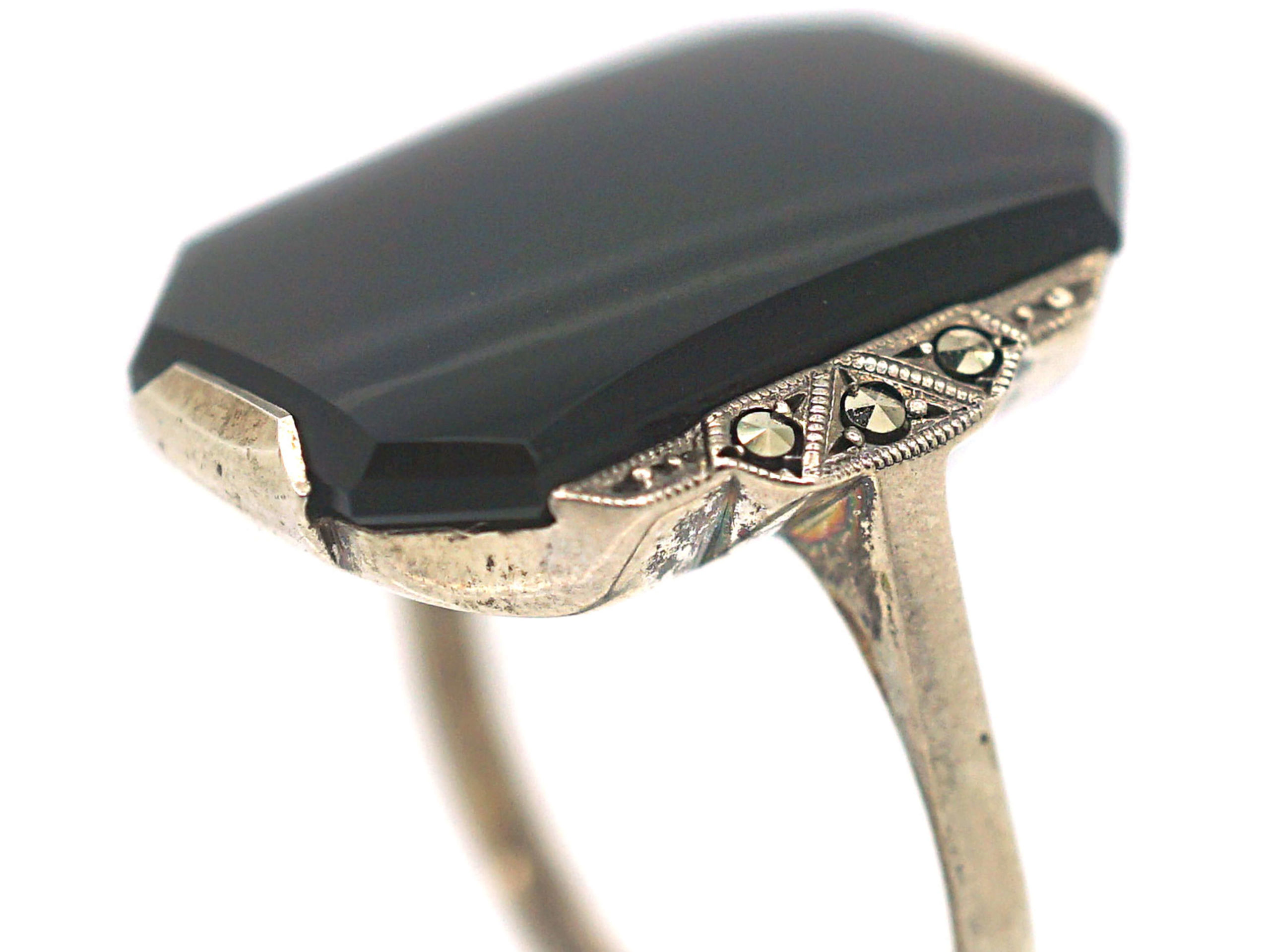 Art Deco Silver, Marcasite & Onyx Rectangular Ring (897P) | The Antique Jewellery Company