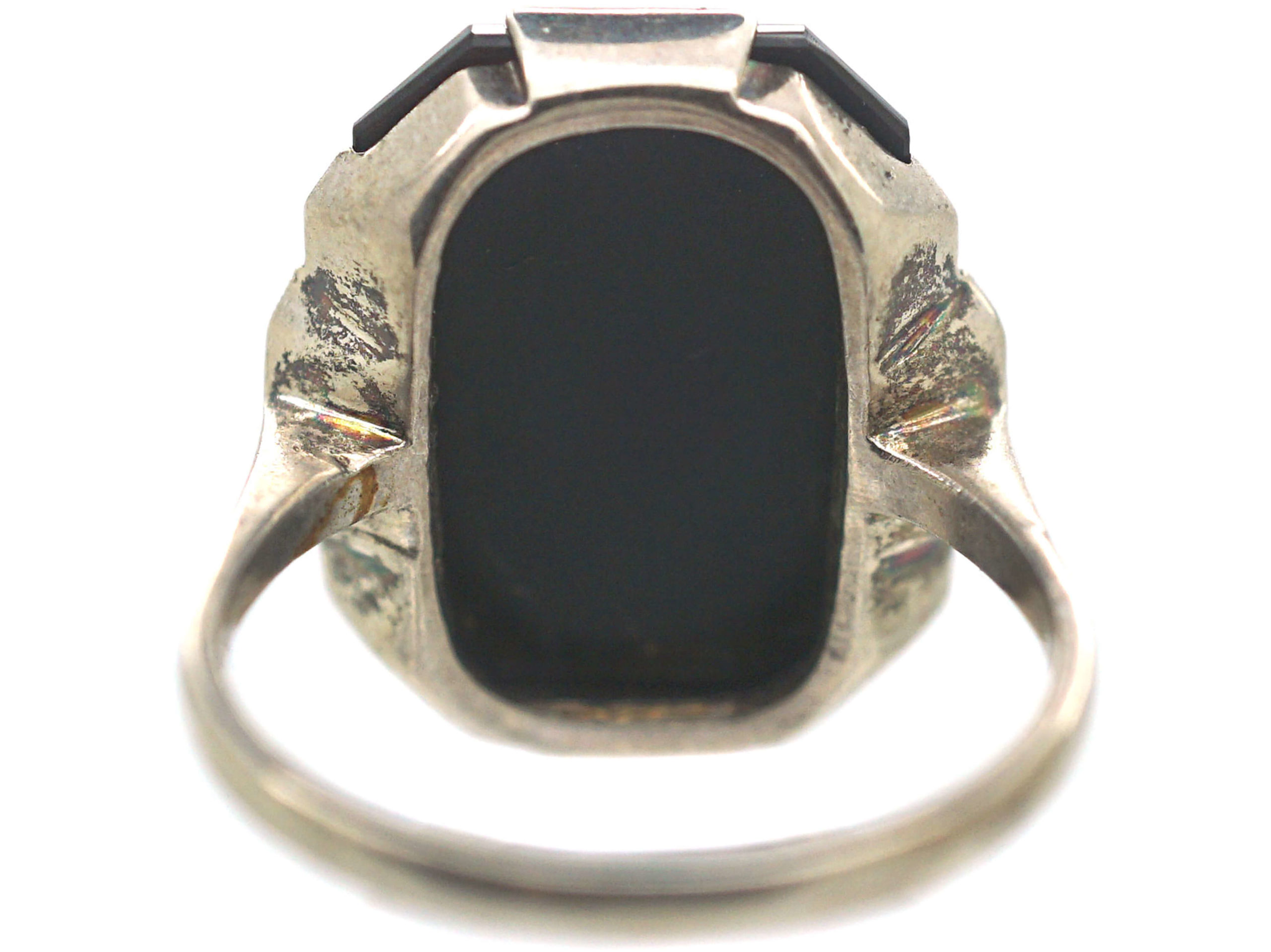 Art Deco Silver, Marcasite & Onyx Rectangular Ring (897P) | The Antique Jewellery Company