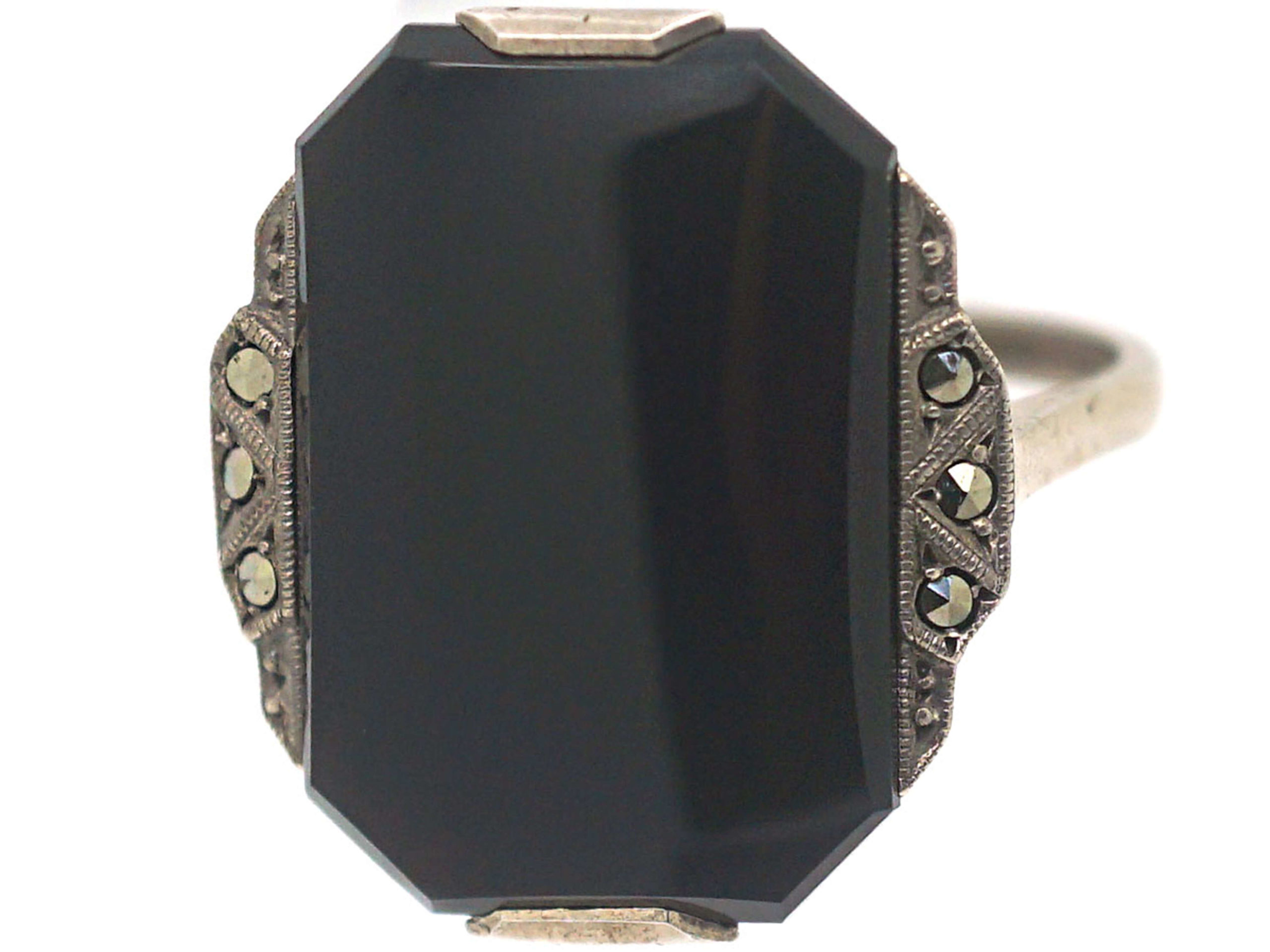 Art Deco Silver, Marcasite & Onyx Rectangular Ring (897P) | The Antique Jewellery Company