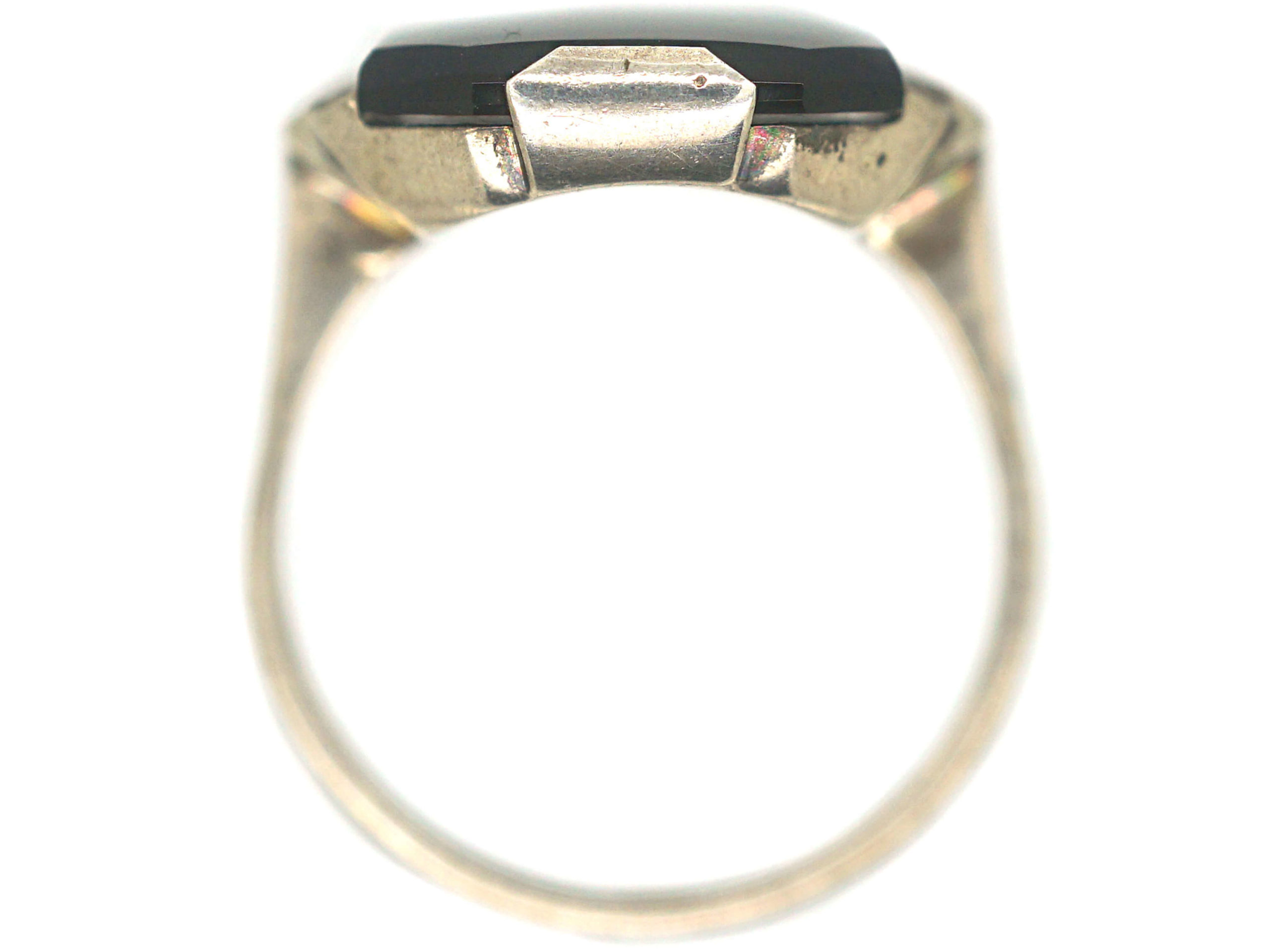 Art Deco Silver, Marcasite & Onyx Rectangular Ring (897P) | The Antique Jewellery Company