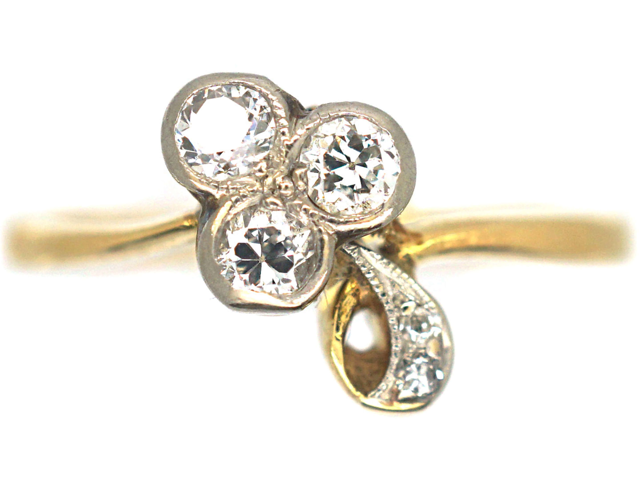 Edwardian 18ct Gold & Platinum Three Leaf Clover Ring set with Diamonds ...