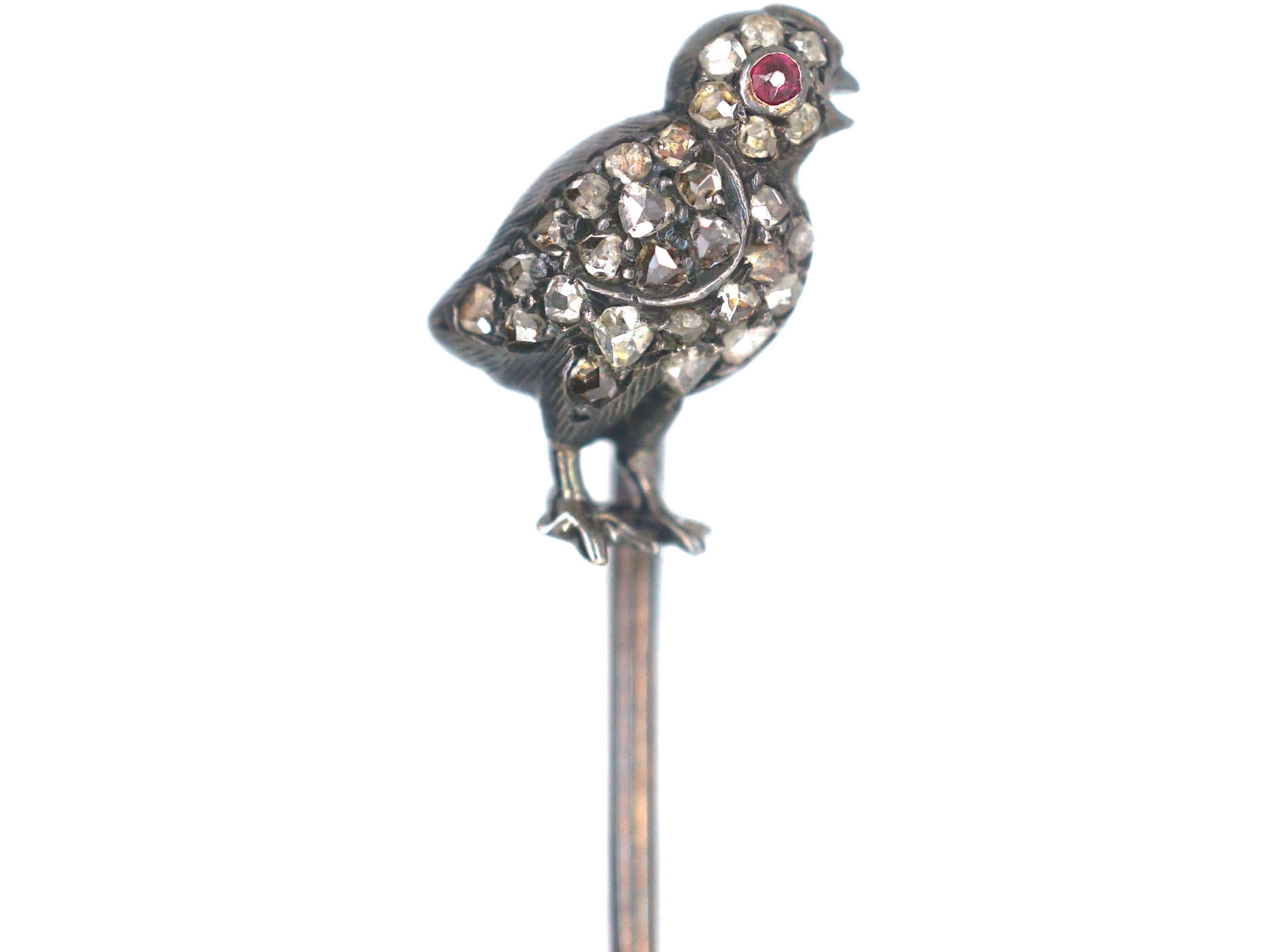 Edwardian 15ct Gold & Silver, Rose Diamond Chick Tie Pin with Ruby Eye ...