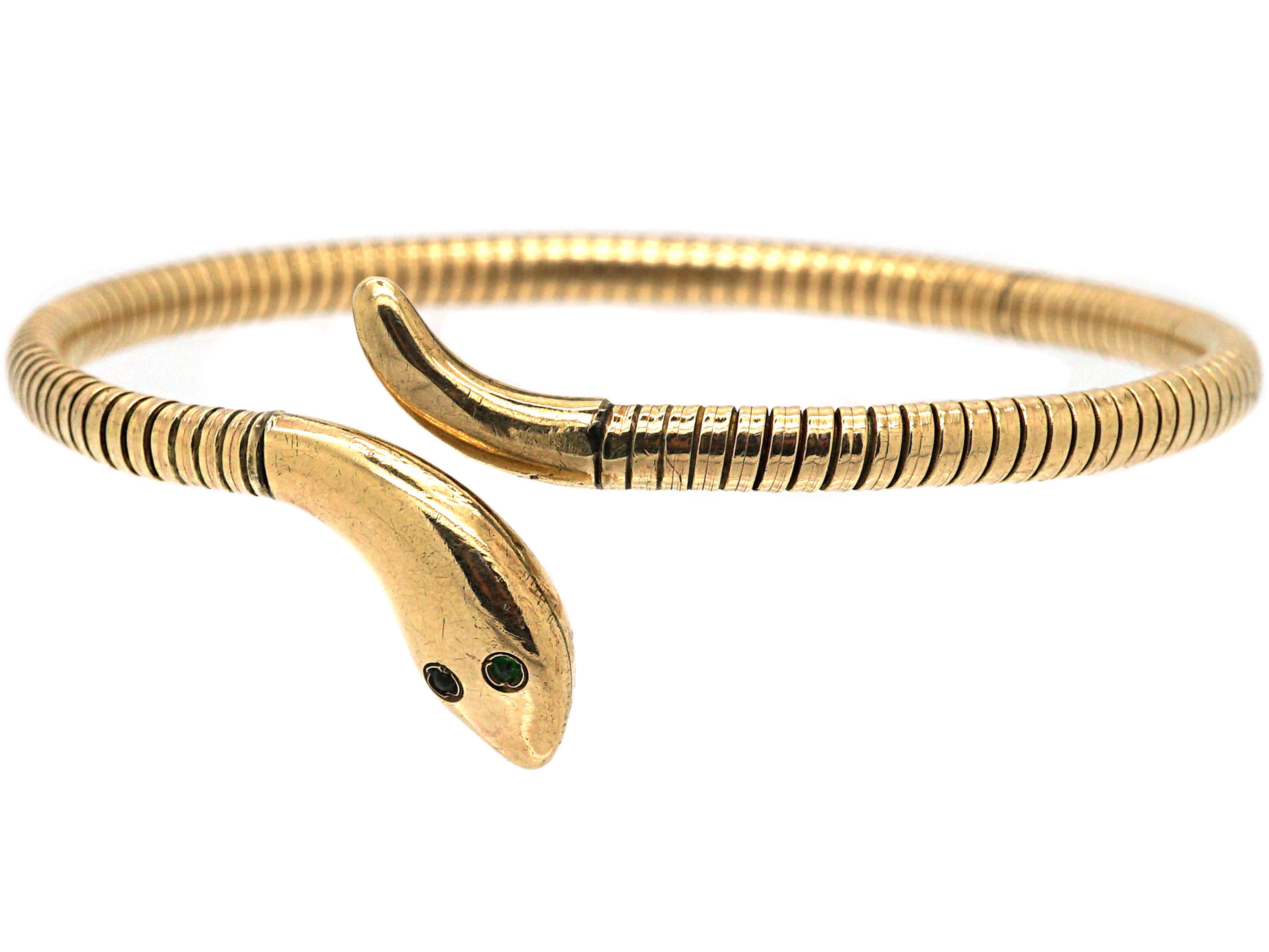9ct Gold Snake Bangle with Green Garnet Eyes (39R) | The Antique ...