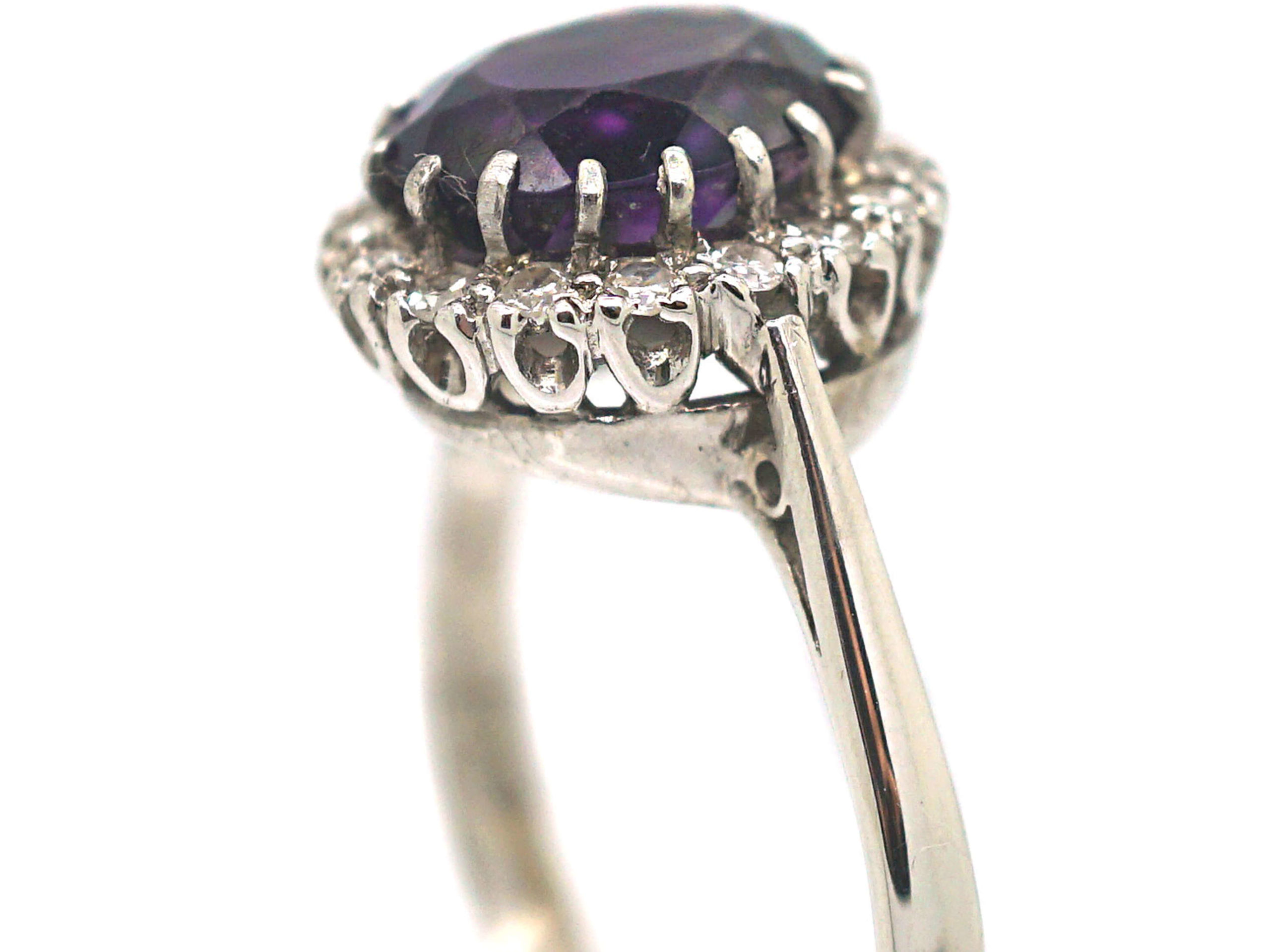 18ct White Gold, Amethyst & Diamond Oval Cluster Ring (400/O) | The ...