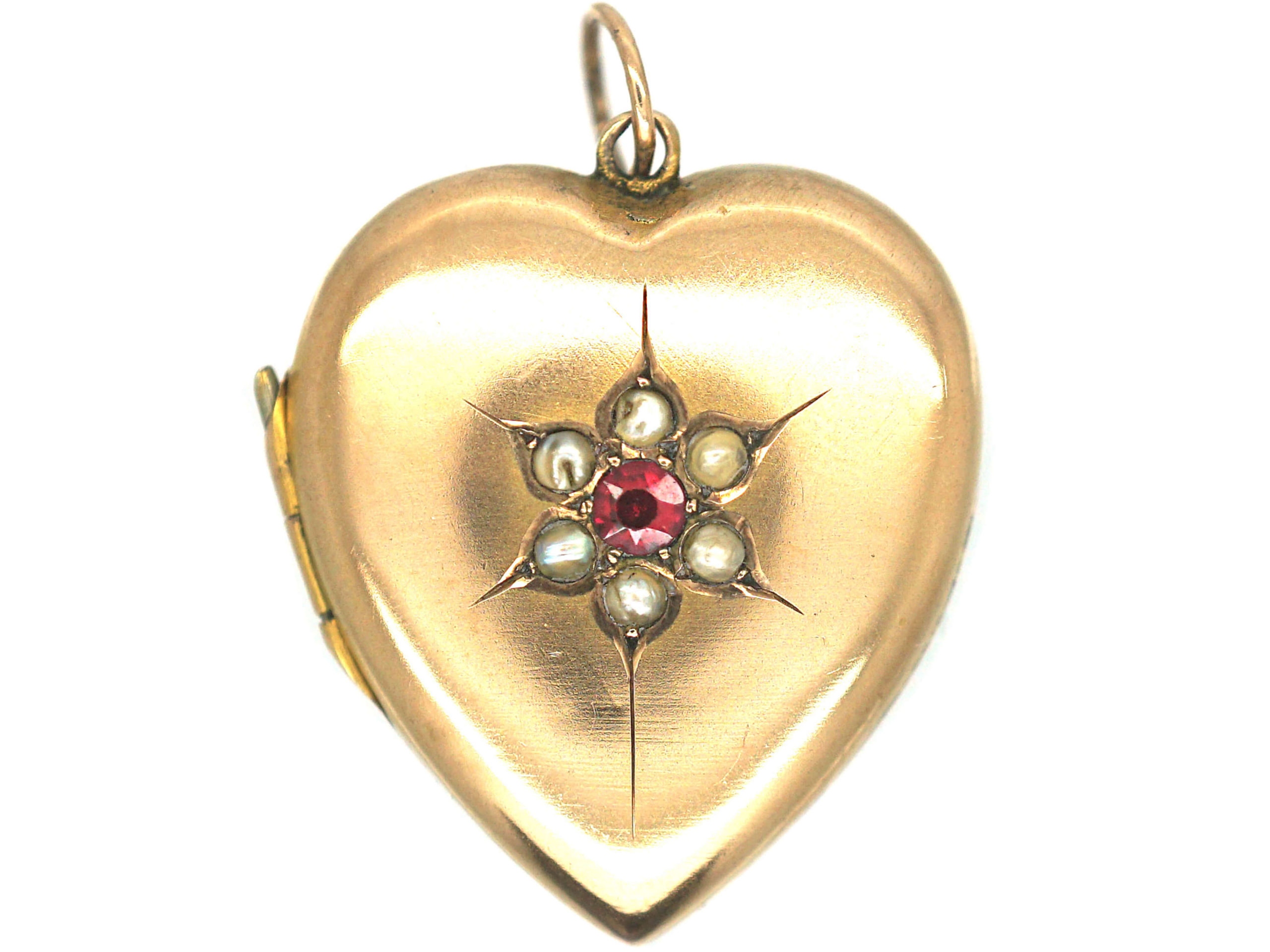 Edwardian 9ct Gold Heart Shaped Locket set with a Garnet & Natural ...