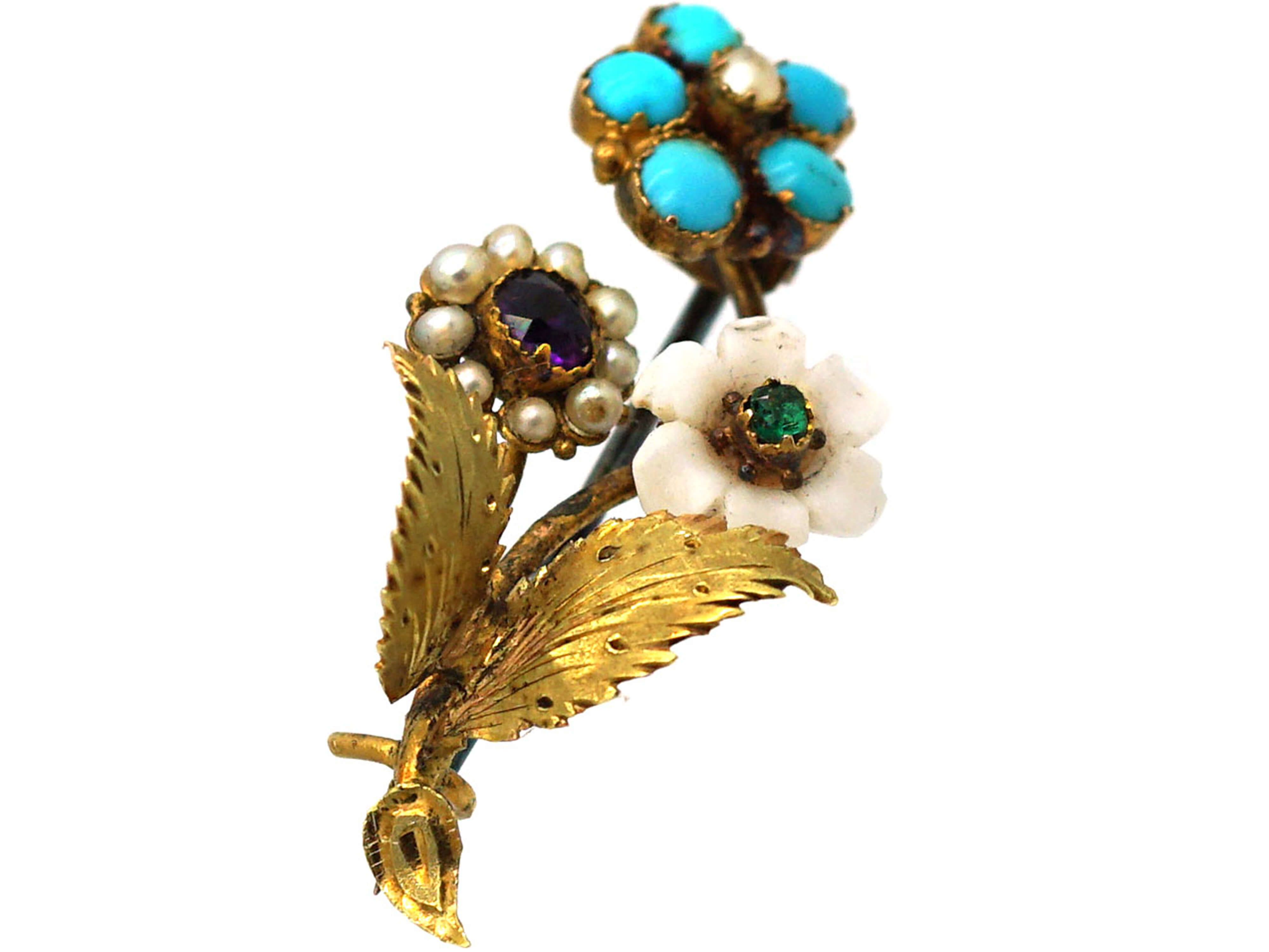 Regency 15ct Gold Flower Spray Brooch set with Turquoise, White Coral ...