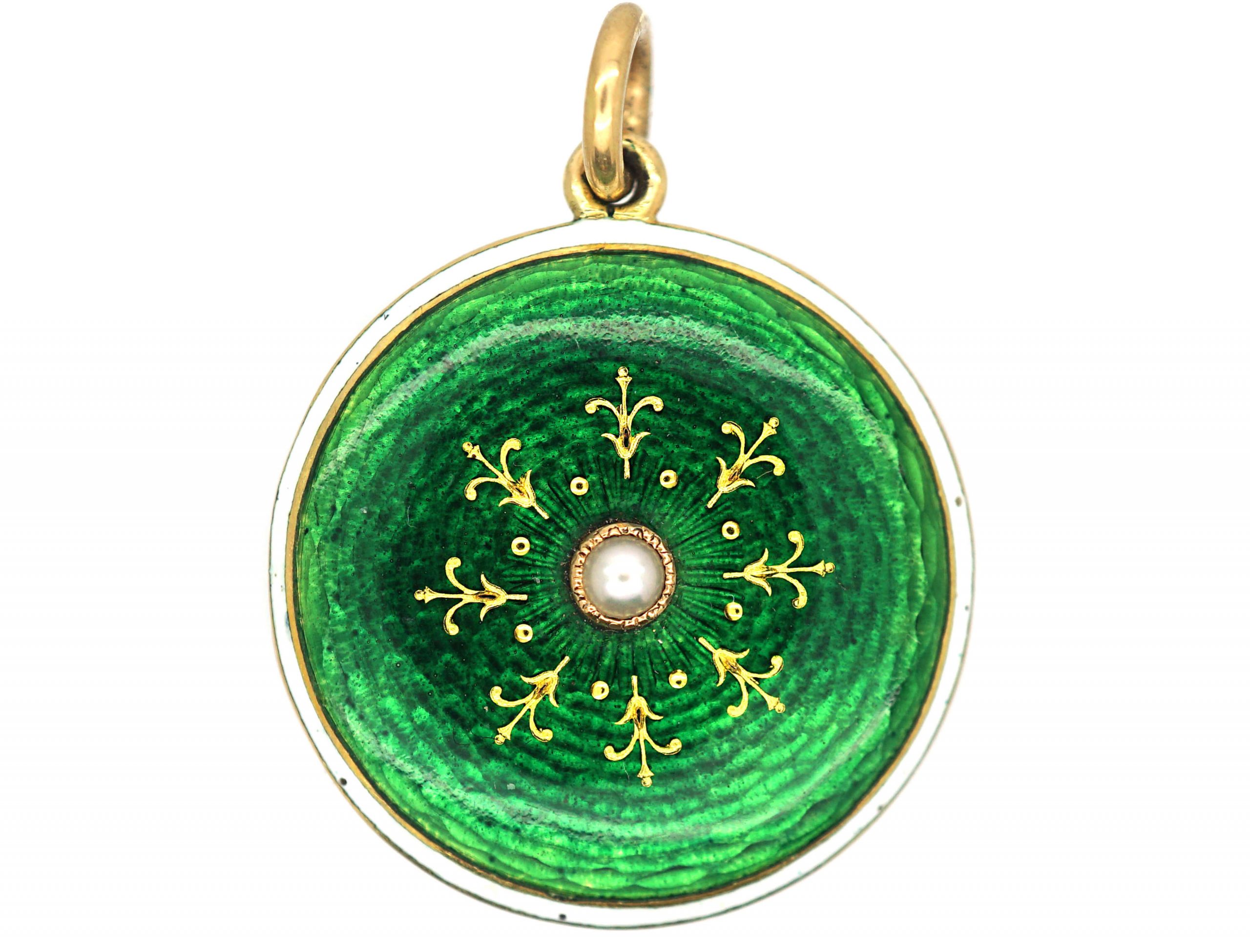 Edwardian 18ct Gold Green & White Enamel Round Locket with Natural ...