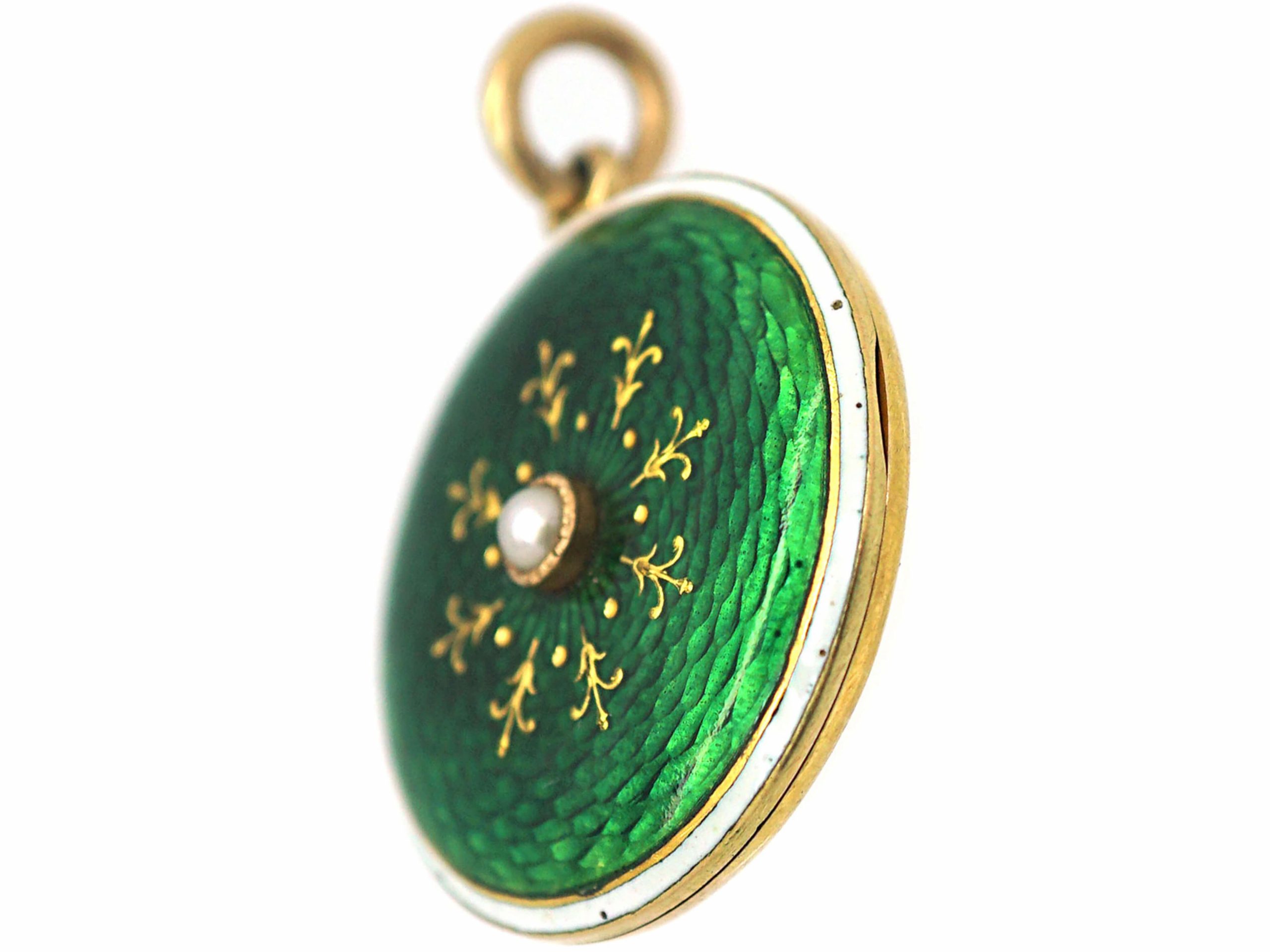 Edwardian 18ct Gold Green & White Enamel Round Locket with Natural ...