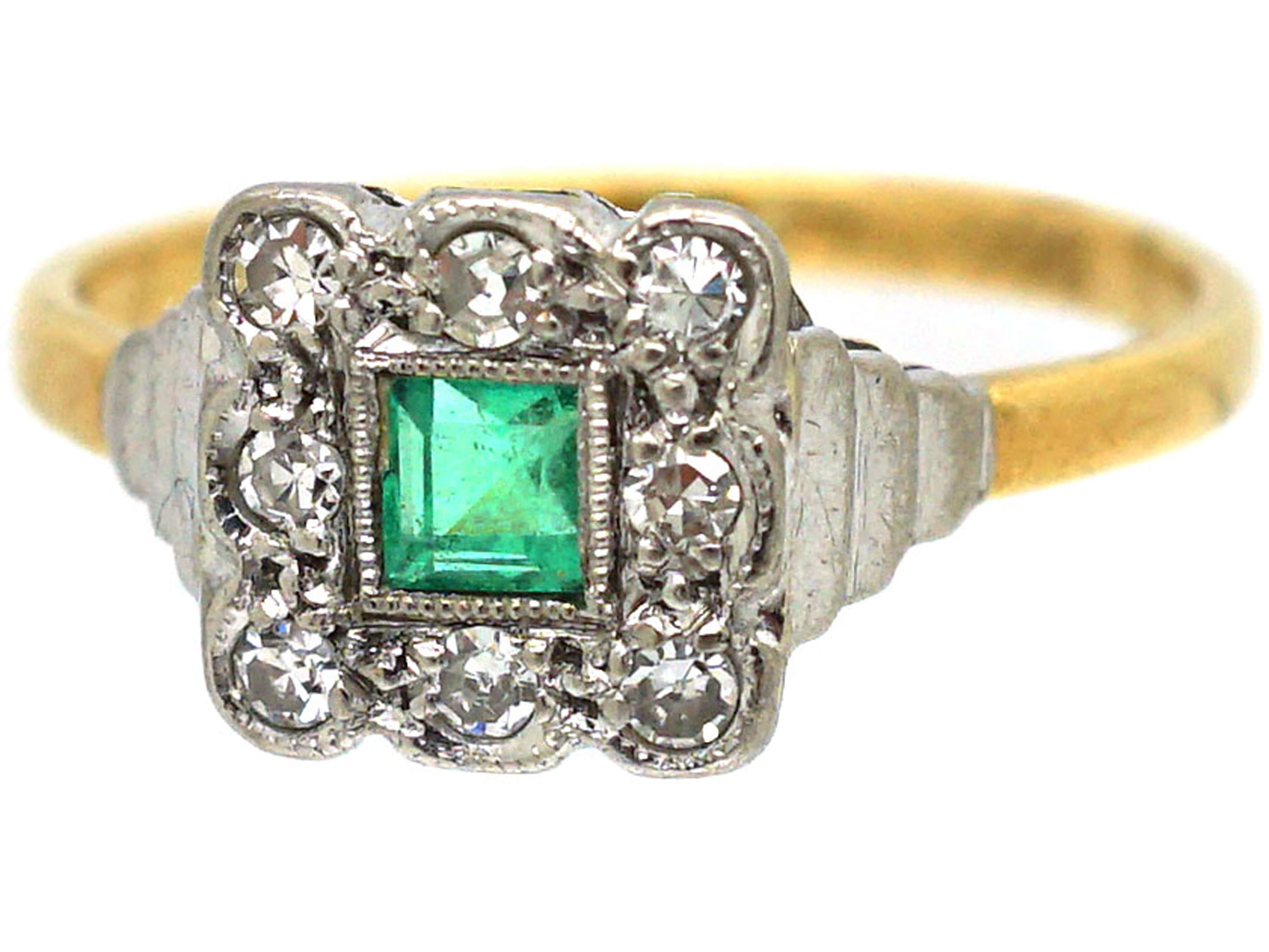 Art Deco 18ct & Platinum, Emerald & Diamond Square Shaped Ring (103R ...