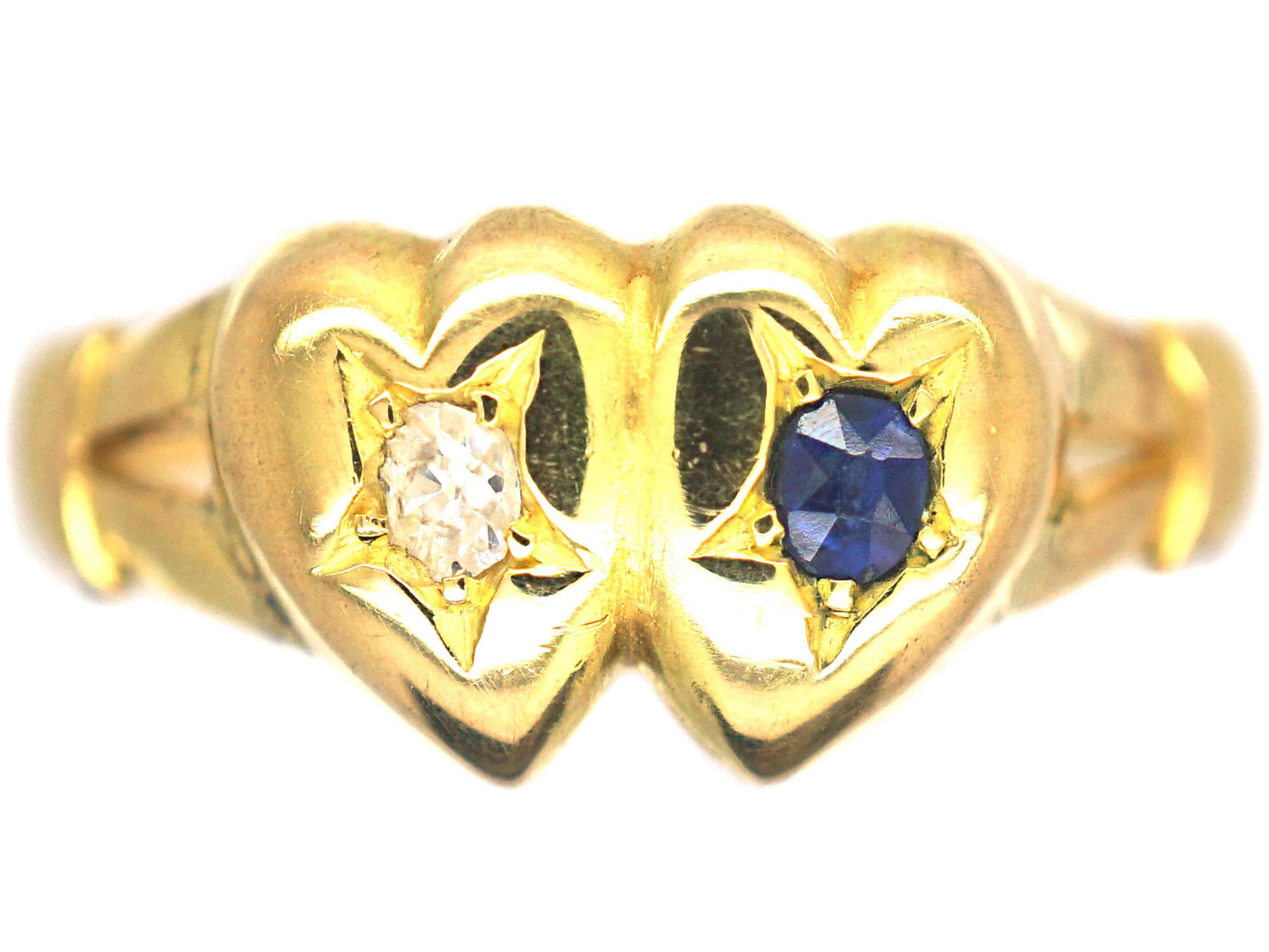 Victorian 18ct Gold Double Heart Ring set with a Sapphire & a Diamond ...