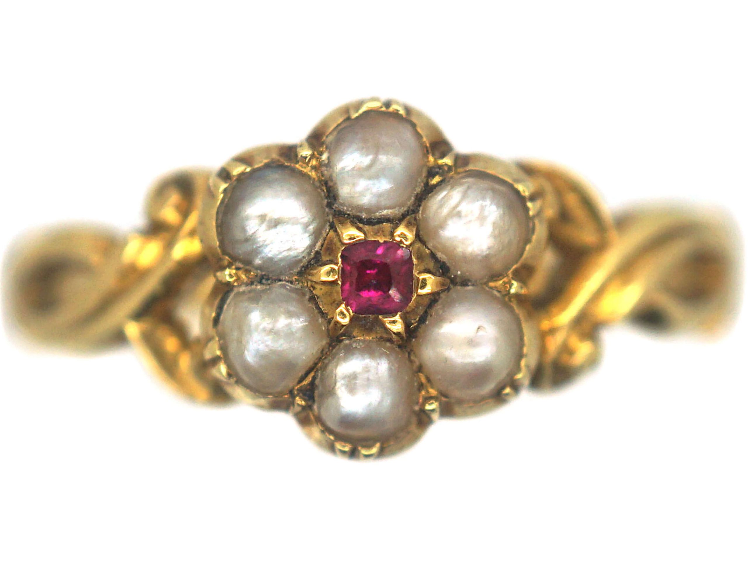 Regency 15ct Gold Natural Split Pearl & Ruby Cluster Ring with Glazed ...