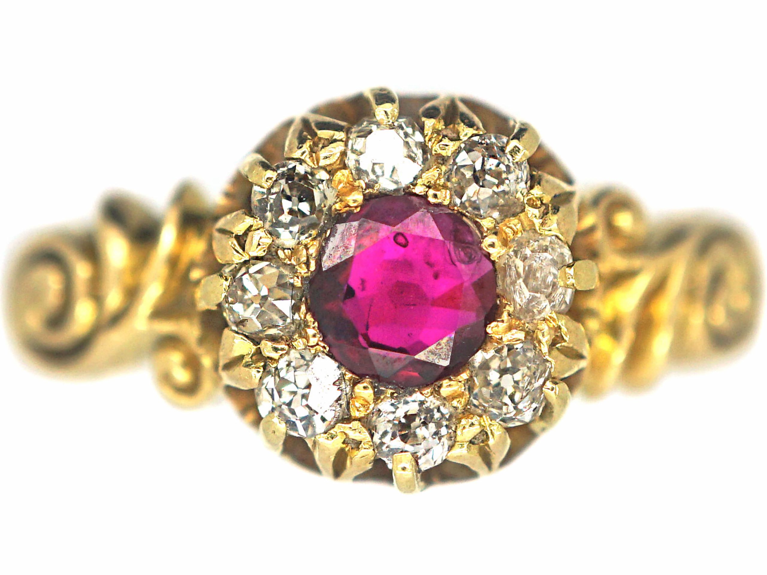 Victorian 18ct Gold Ruby & Diamond Cluster Ring with Ornate Shoulders ...
