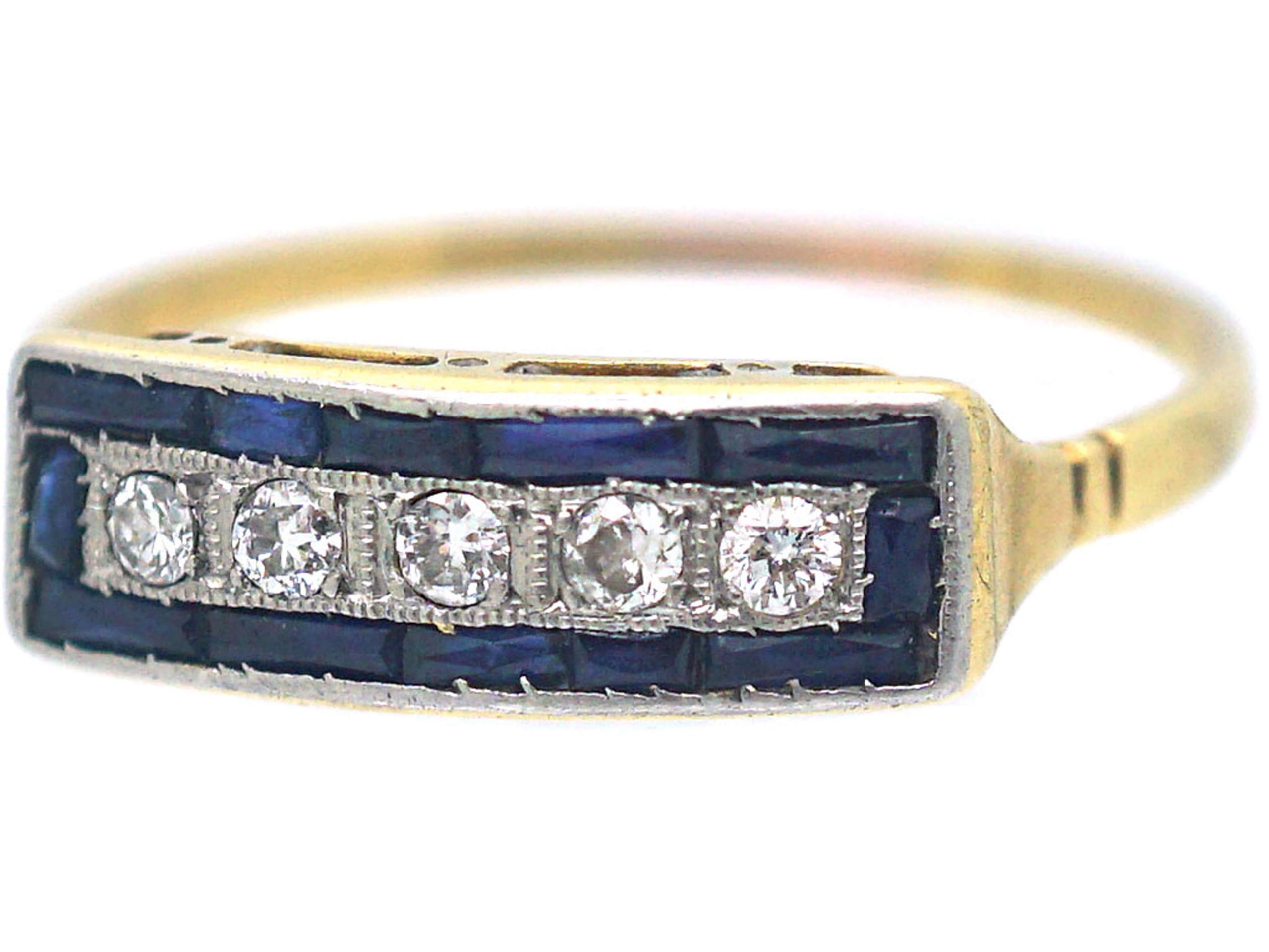 Art Deco 18ct Gold & Platinum, Diamond & Sapphire Rectangular Ring ...