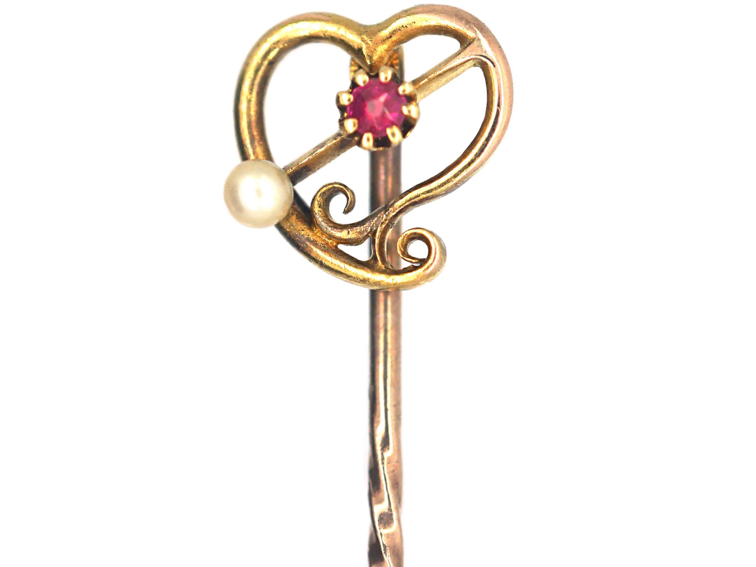 Edwardian 15ct Gold Weeping Heart Tie Pin set with a Ruby & a Natural ...
