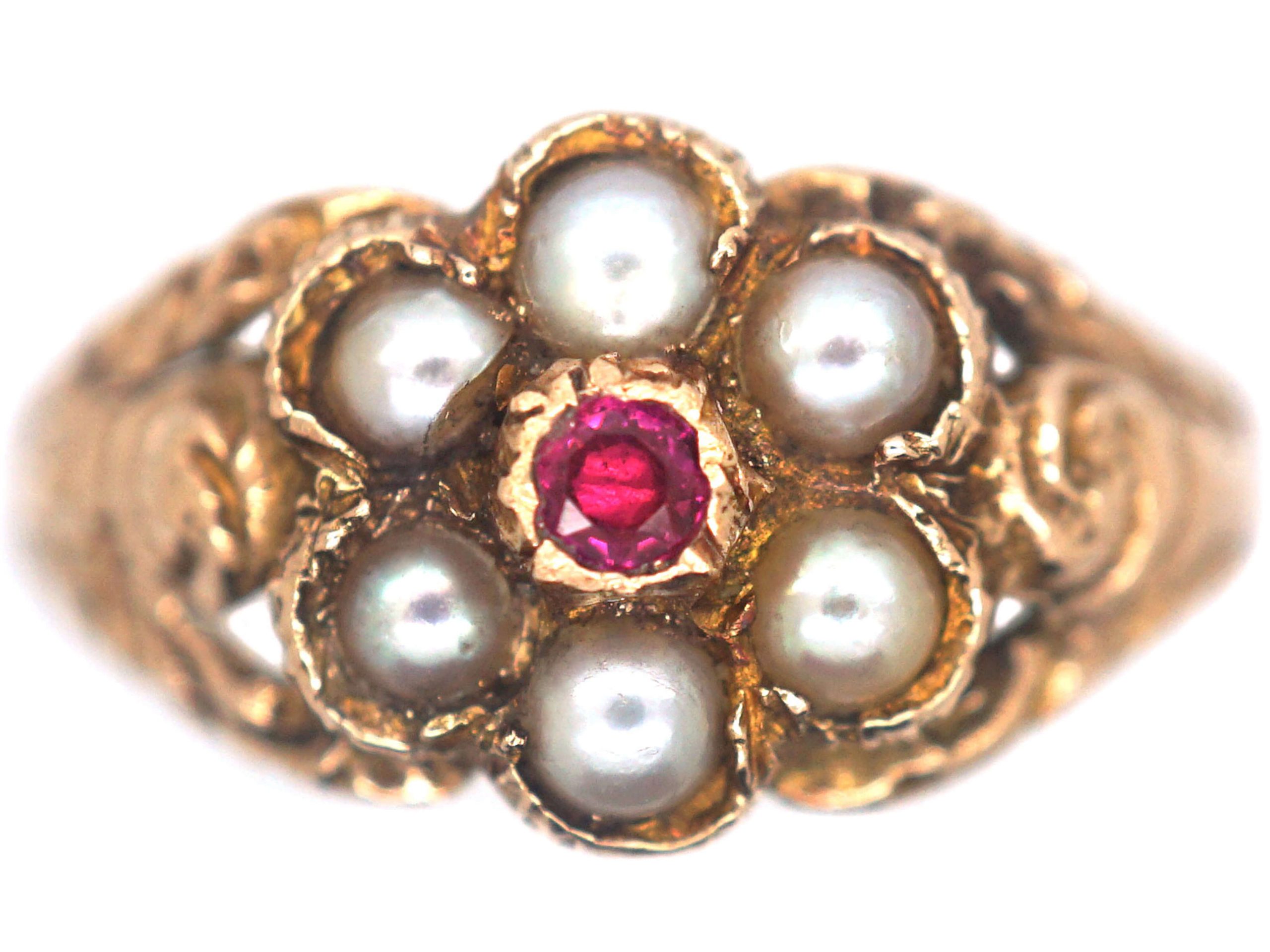 9ct Gold Cluster Ring set with a Ruby & Natural Split Pearls (264R ...