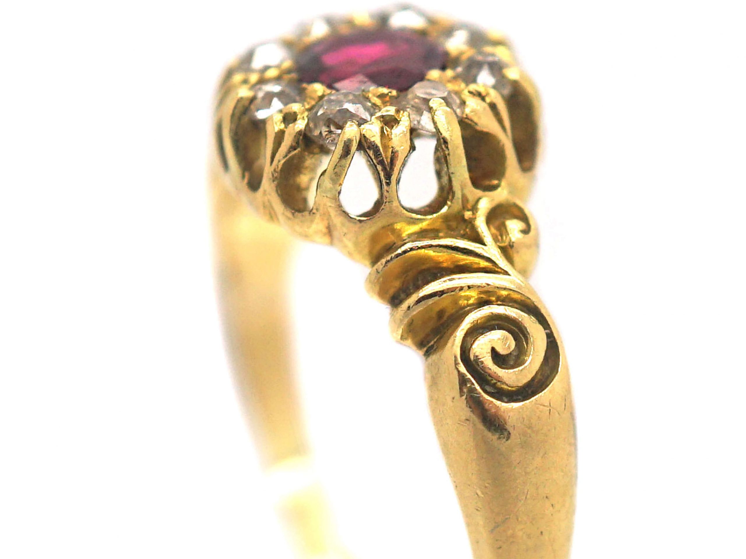 Victorian 18ct Gold Ruby & Diamond Cluster Ring with Ornate Shoulders ...
