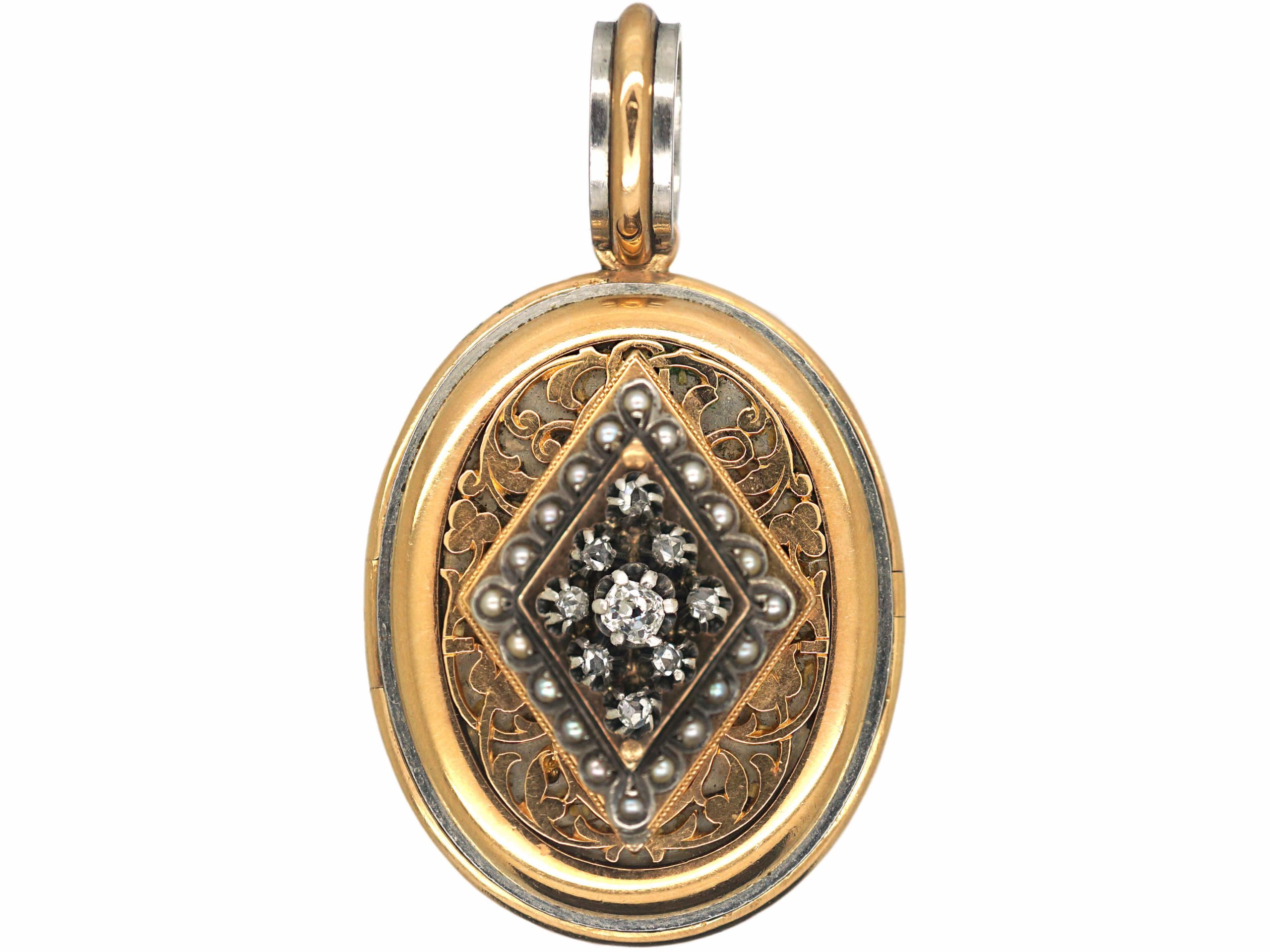French 18ct Gold & Platinum Oval Shaped Locket set with Natural Split ...