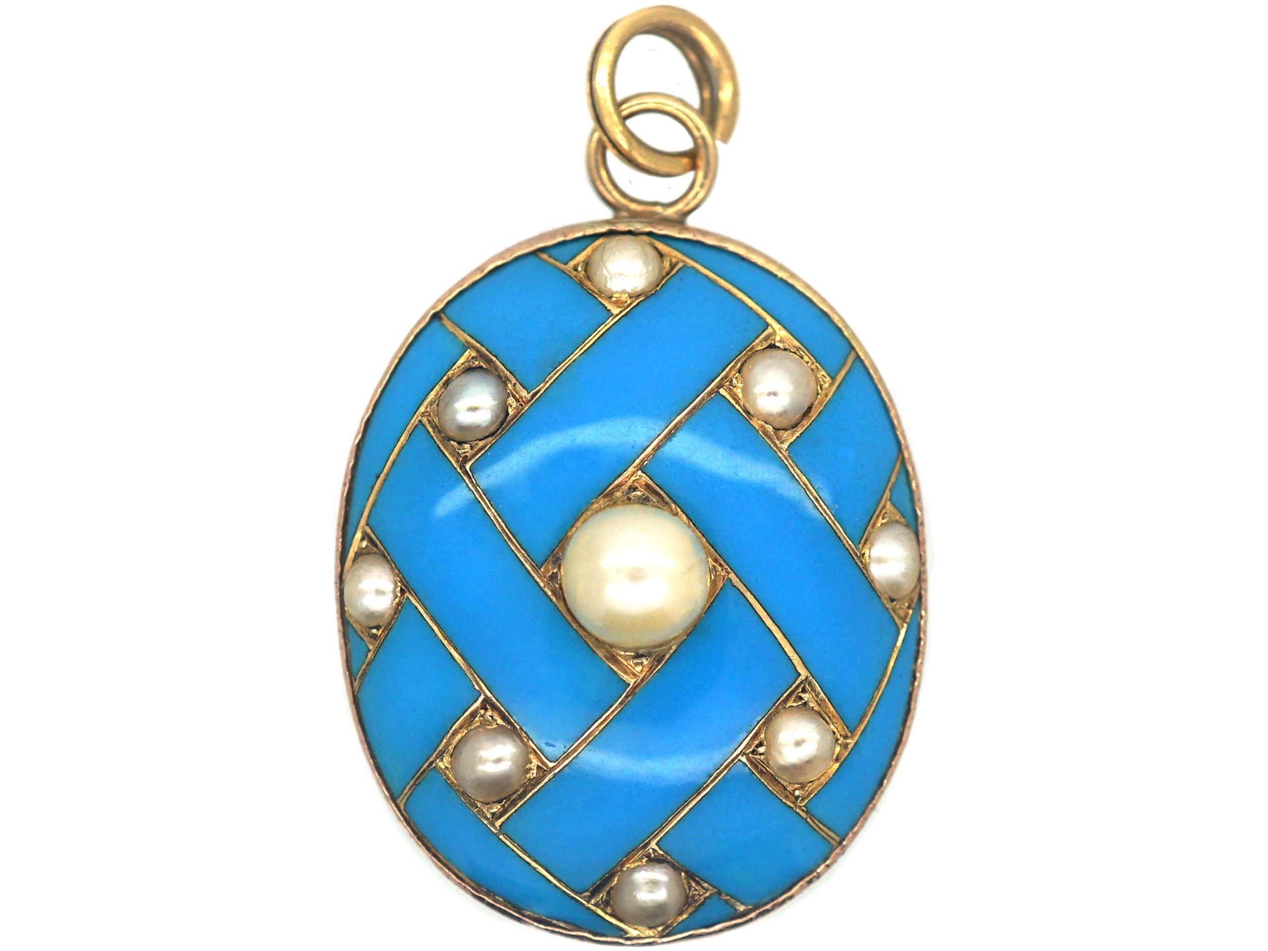 Victorian 15ct Gold Oval Locket with Turquoise Blue Enamel & Natural ...