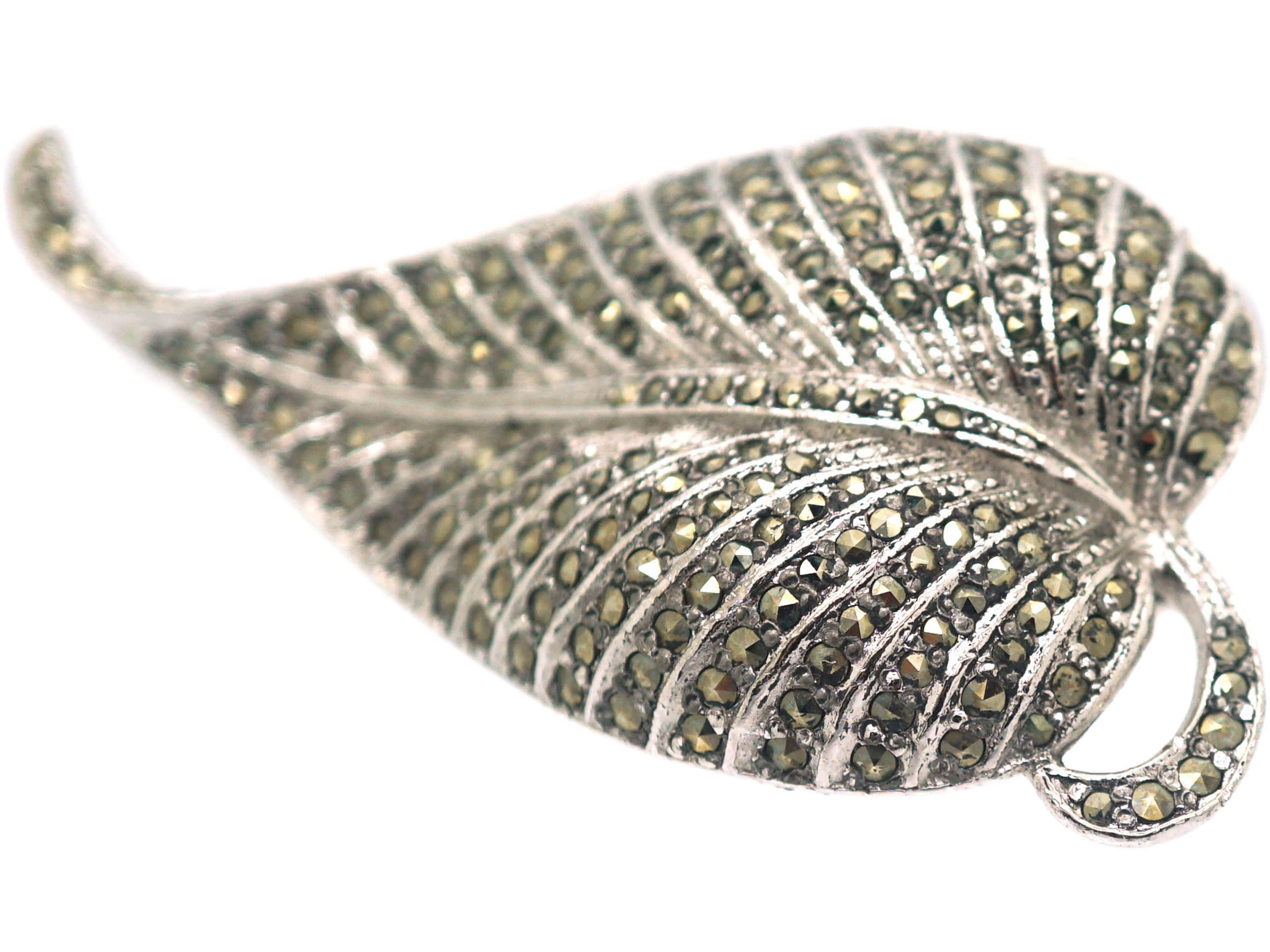 Silver & Marcasite Leaf Brooch (564R) | The Antique Jewellery Company