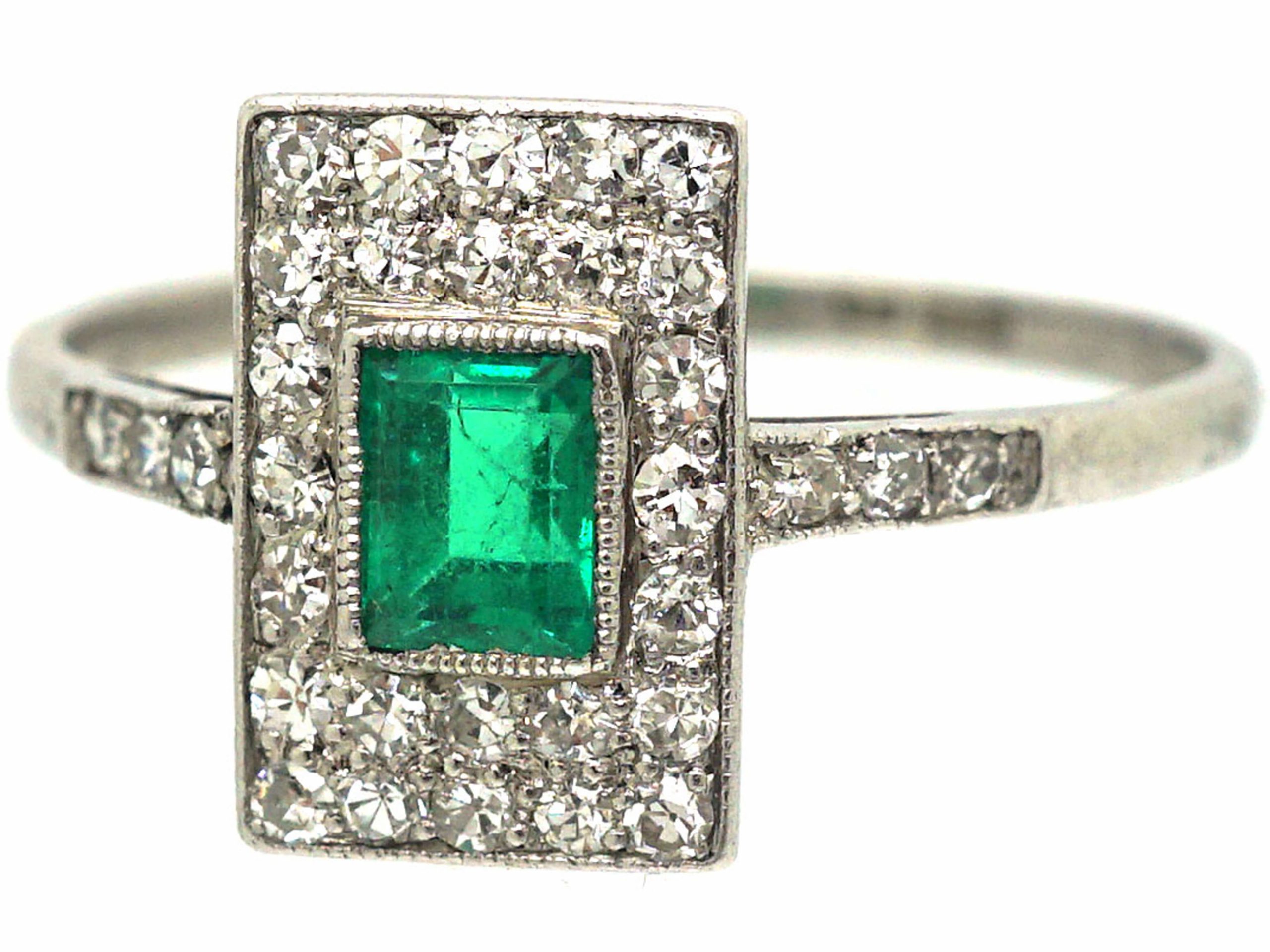 Art Deco Platinum, Emerald & Diamond Rectangular Ring with Diamond set ...