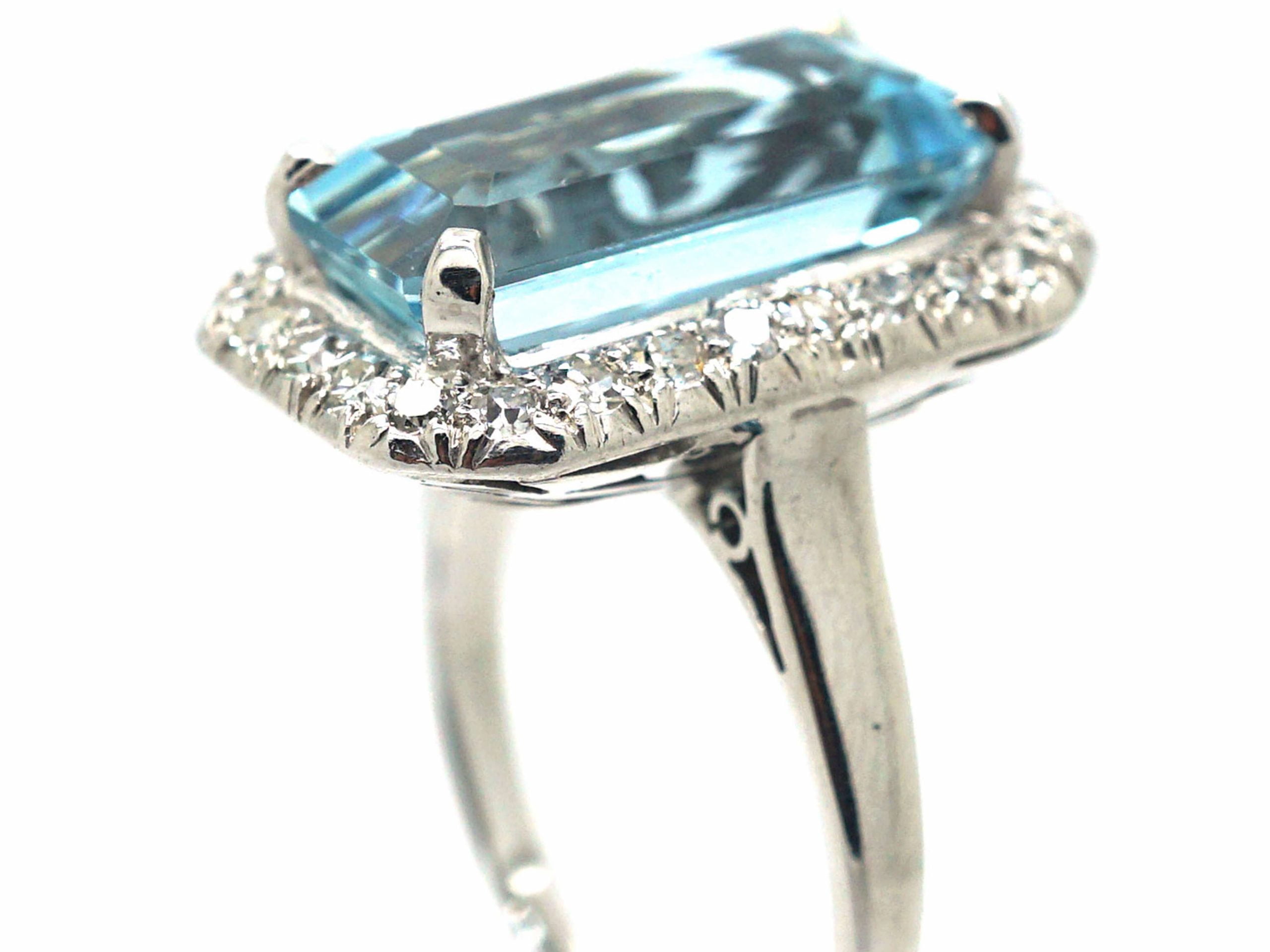 Retro 18ct White Gold, Aquamarine & Diamond Rectangular Shaped Ring ...