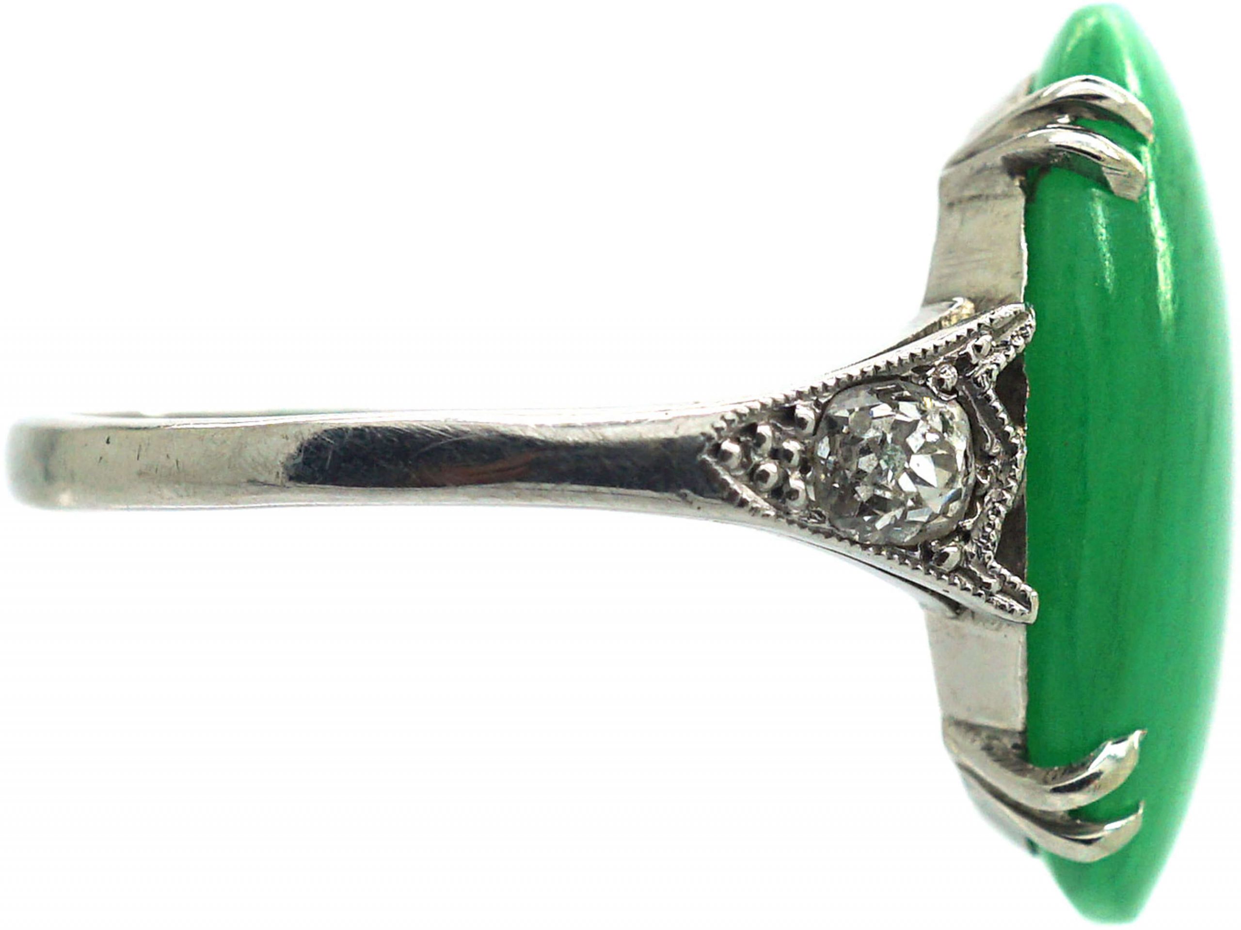 Art Deco 18ct White Gold & Platinum, Jade Ring with Diamond Set ...