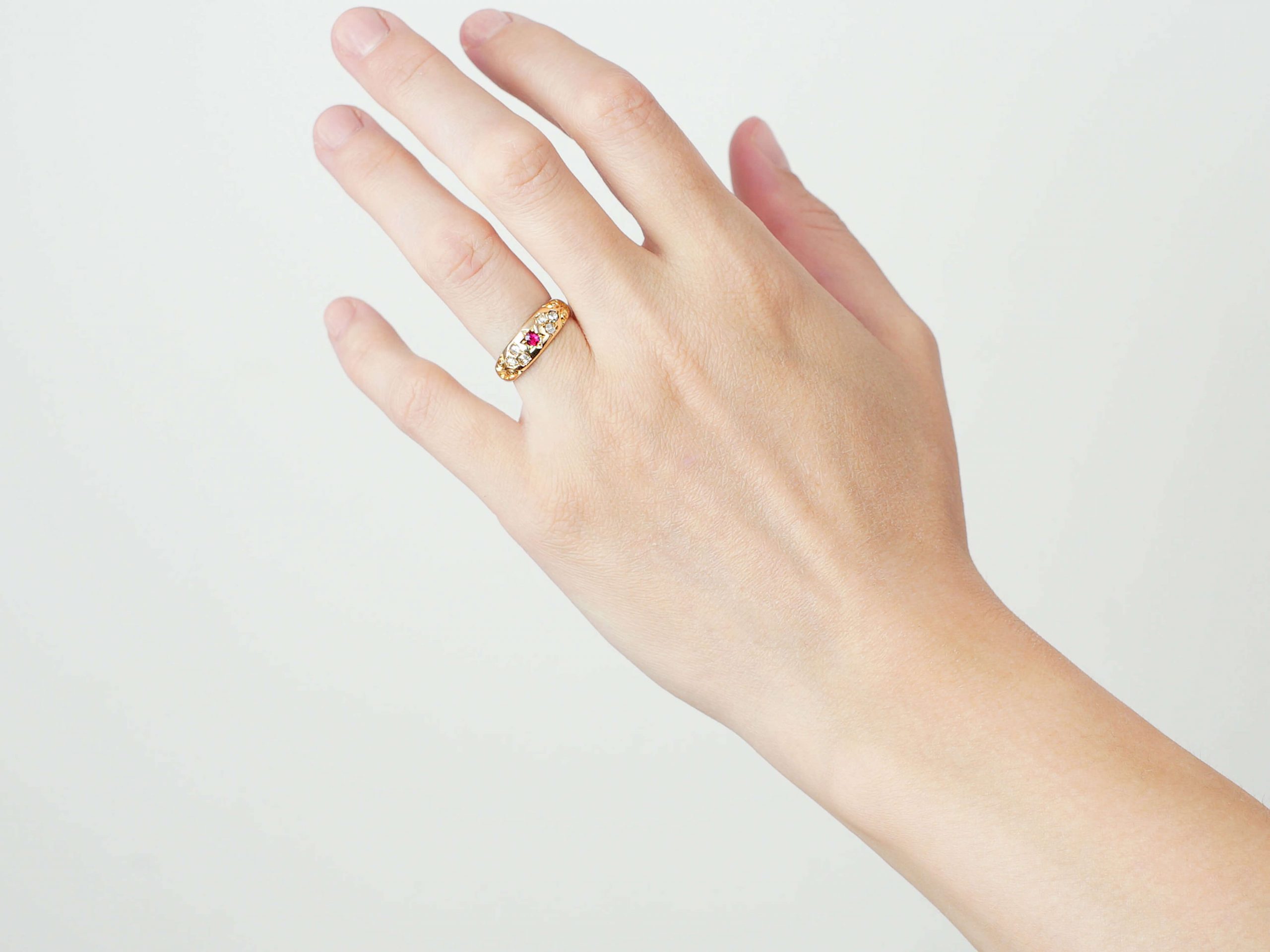 Victorian 18ct Gold, Ruby & Rose Diamond Gypsy Ring with Ornate ...