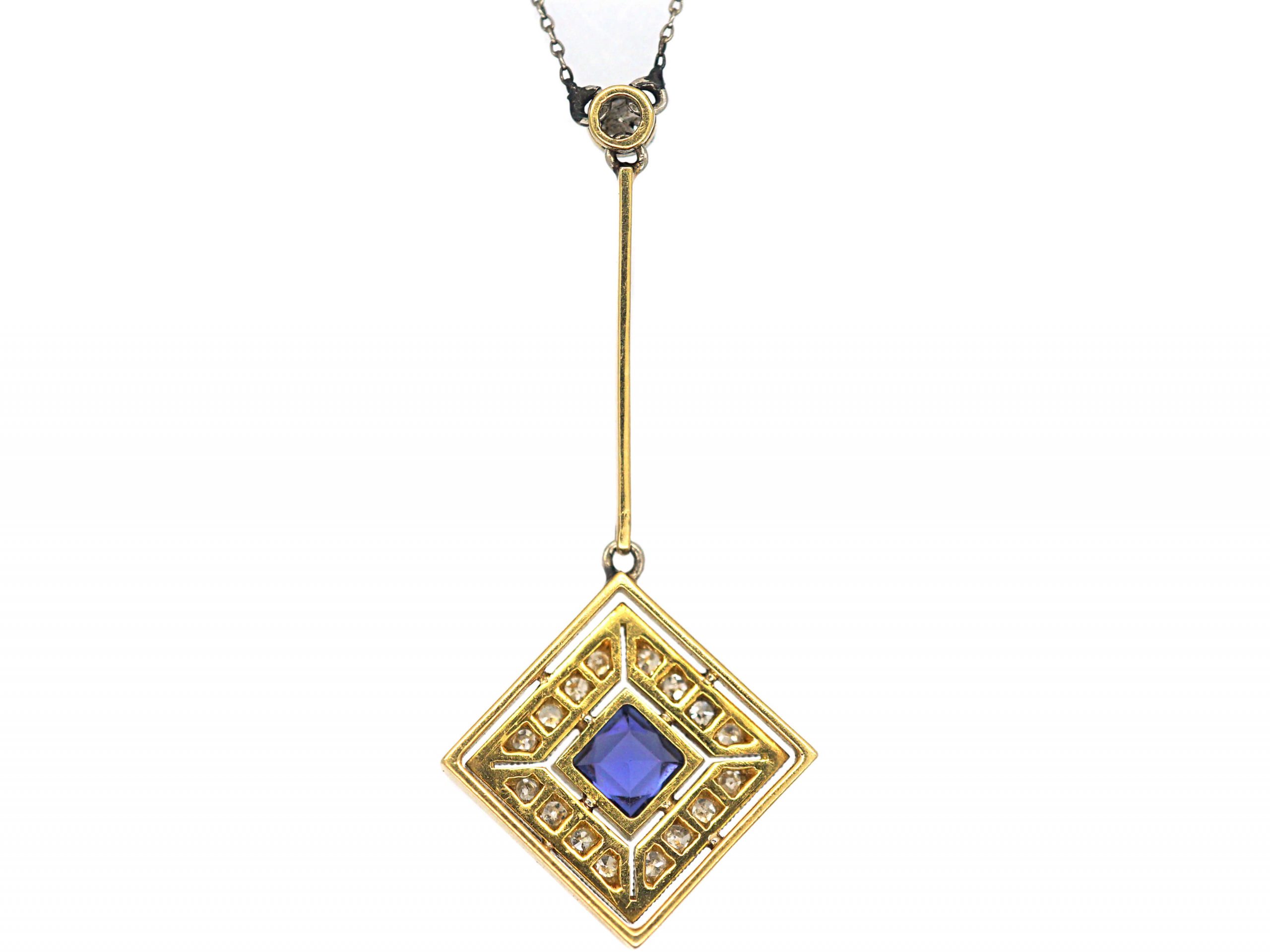 Art Deco 18ct Gold & Platinum, Sapphire & Diamond Pendant on Chain ...