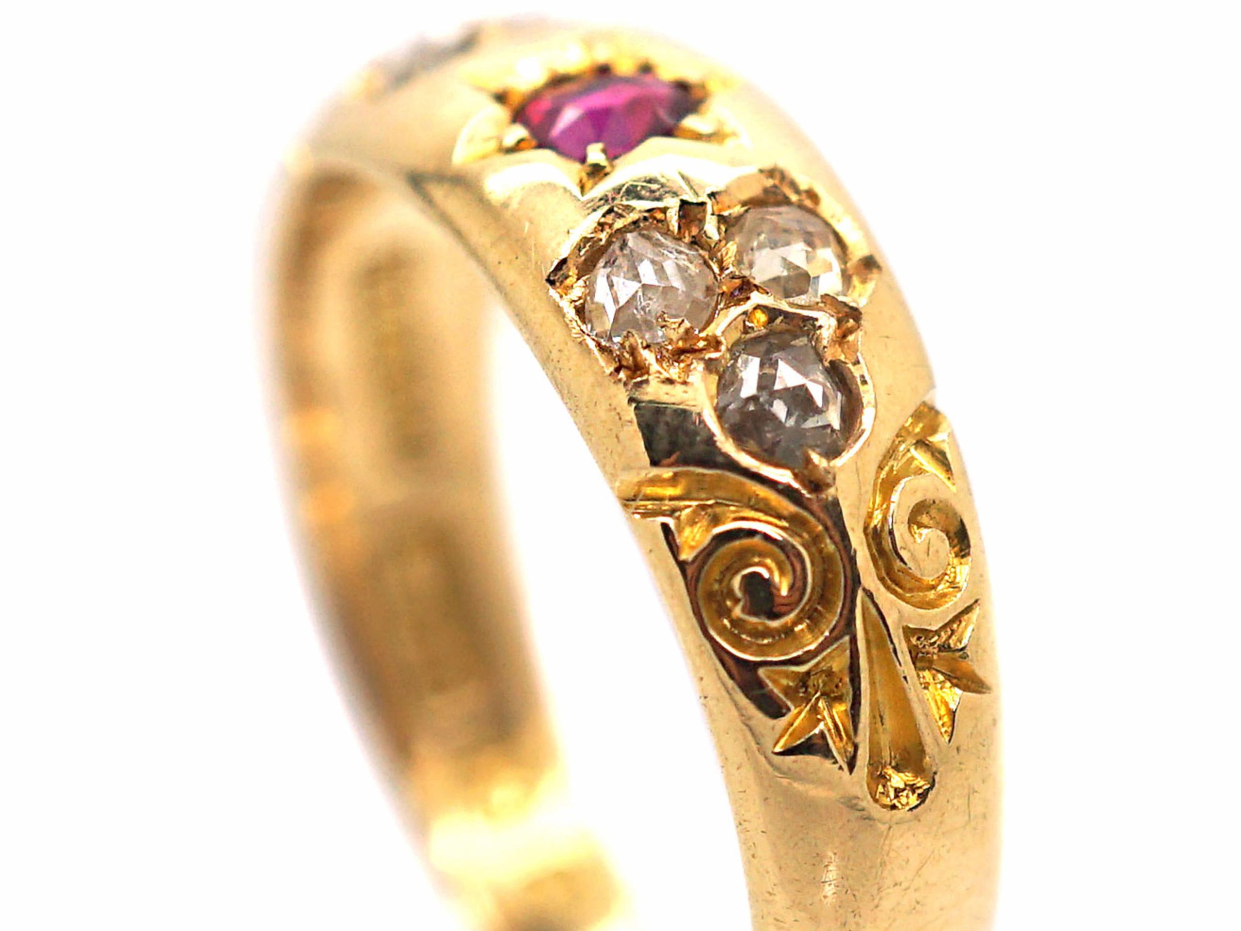Victorian 18ct Gold, Ruby & Rose Diamond Gypsy Ring with Ornate ...