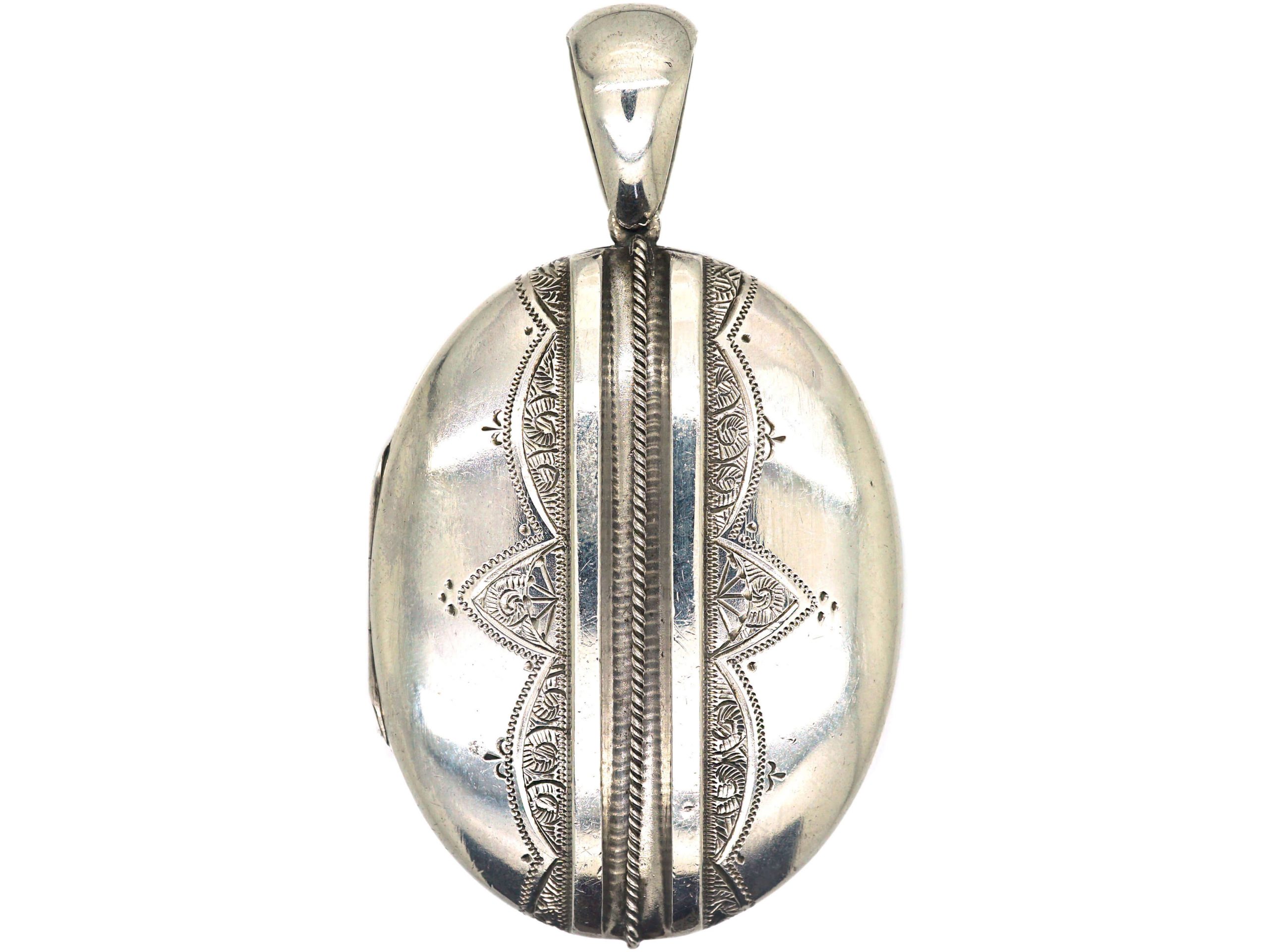 Victorian Silver Oval Shaped Locket with Double Banded & Engraved ...