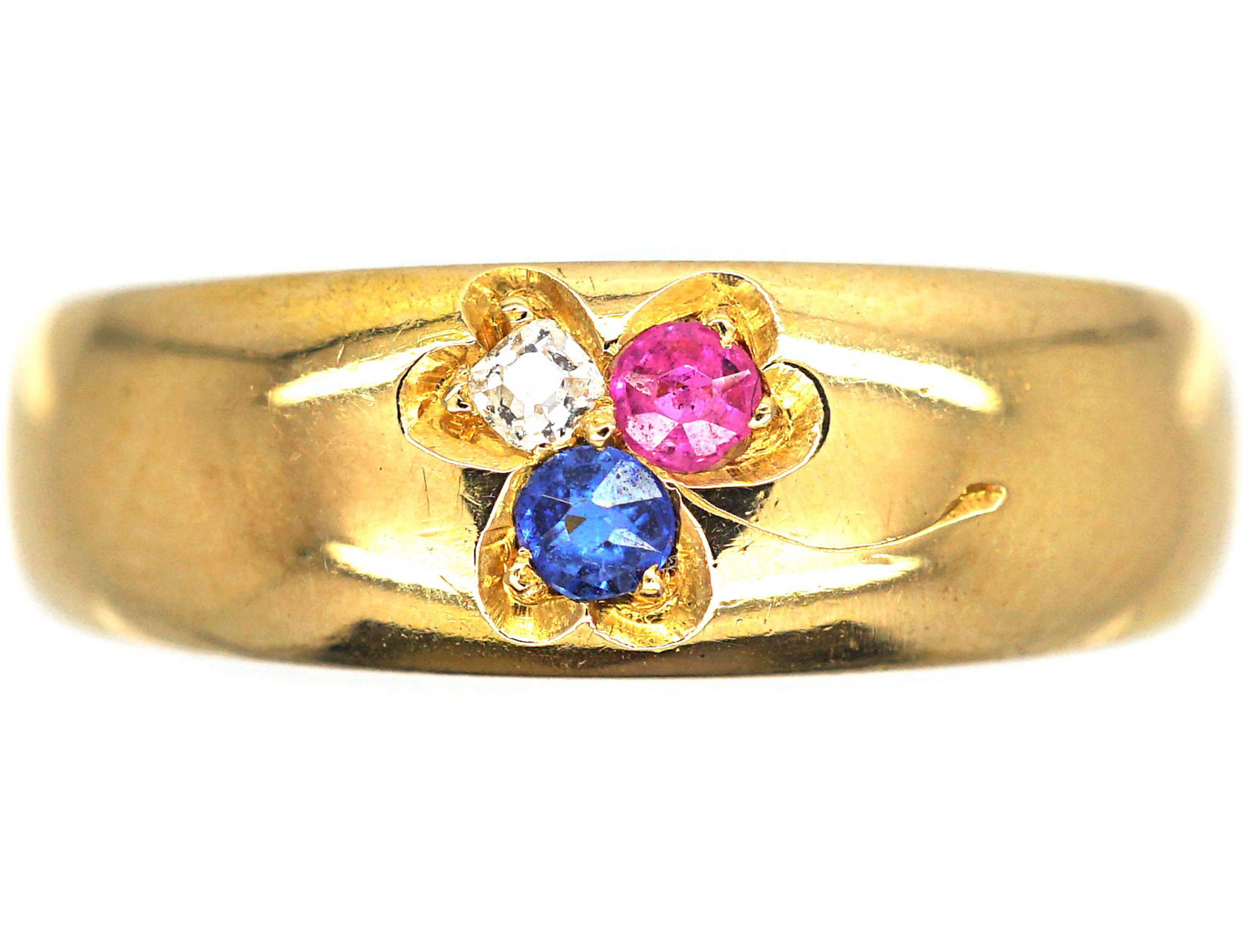 Edwardian 18ct Gold Three Leaf Clover Ring set with a Sapphire, Ruby ...