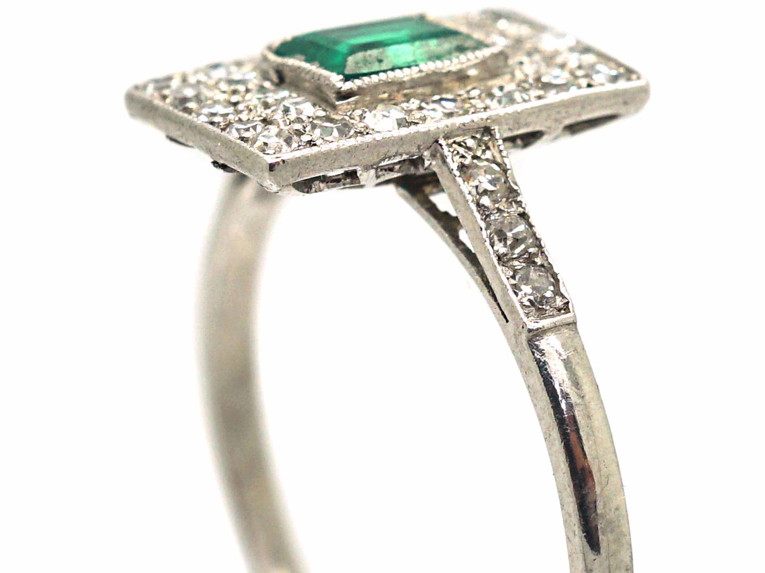 Art Deco Platinum, Emerald & Diamond Rectangular Ring with Diamond set ...
