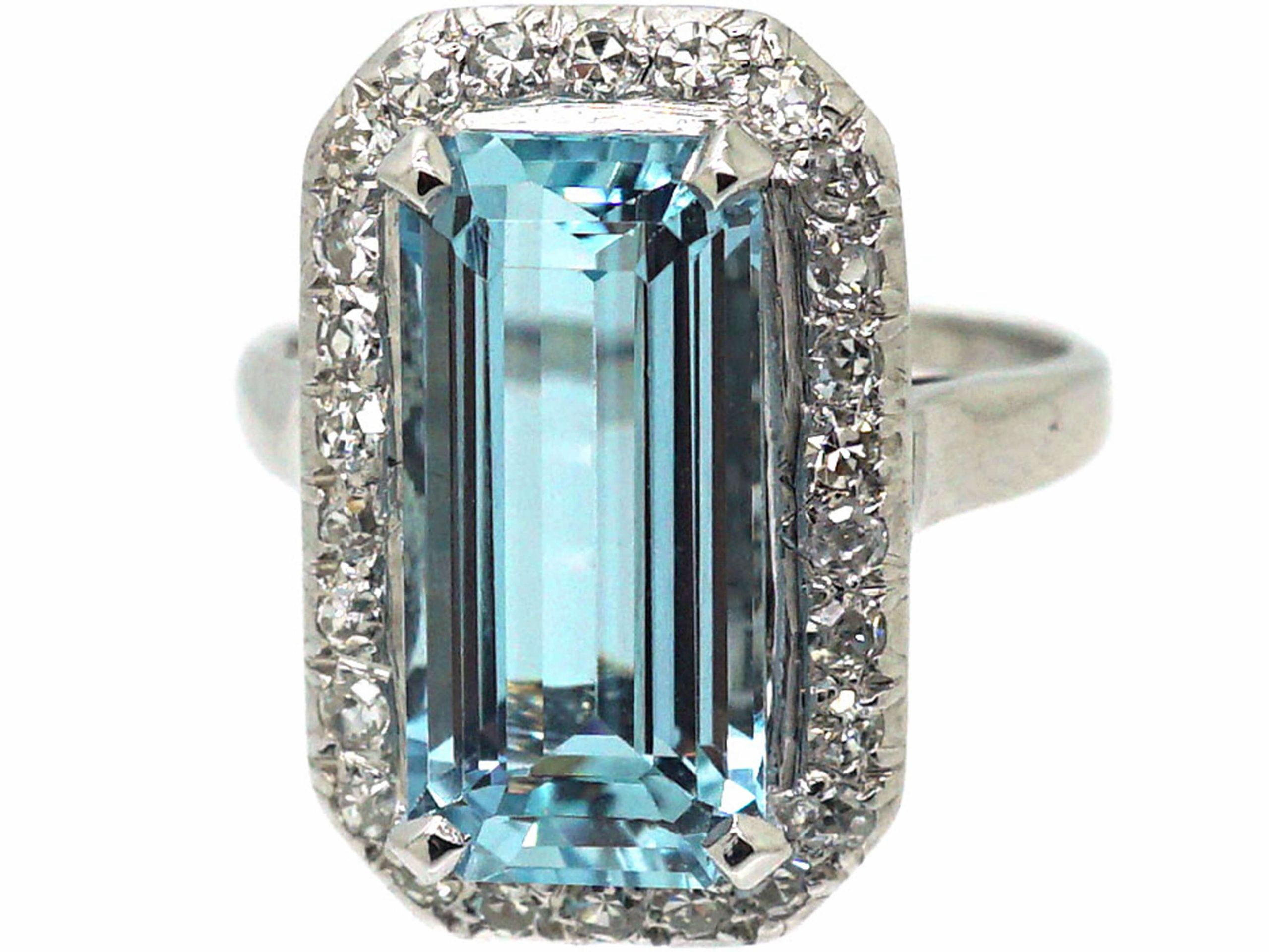 Retro 18ct White Gold, Aquamarine & Diamond Rectangular Shaped Ring ...