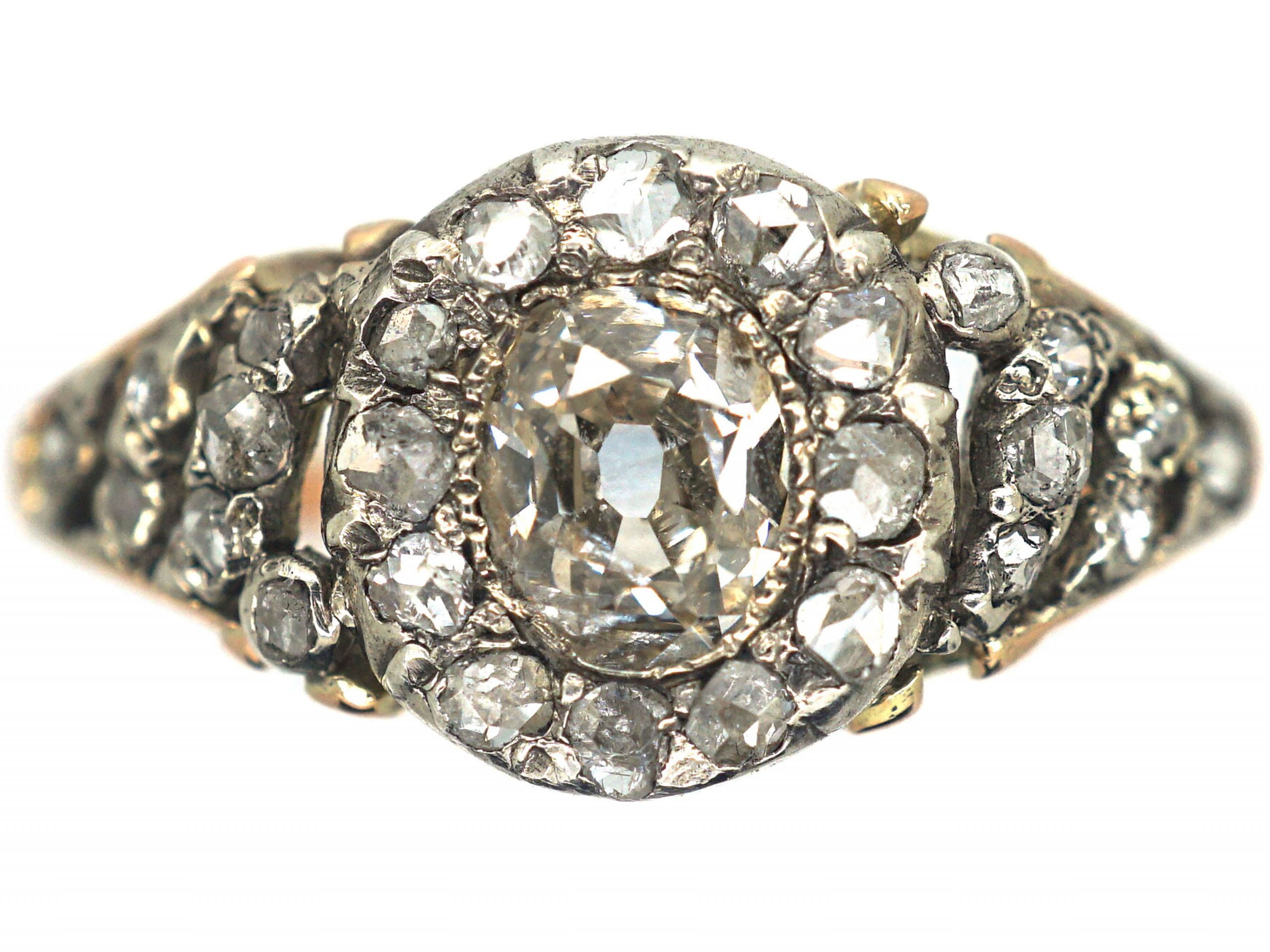 Georgian 18ct Gold & Silver, Diamond Cluster Ring with rose Diamond set ...