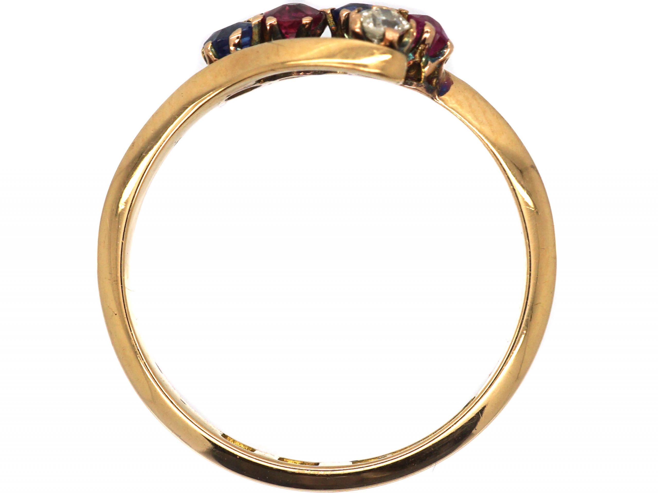 Art Nouveau 18ct Gold, Ruby, Diamond & Sapphire Double Shamrock Ring ...
