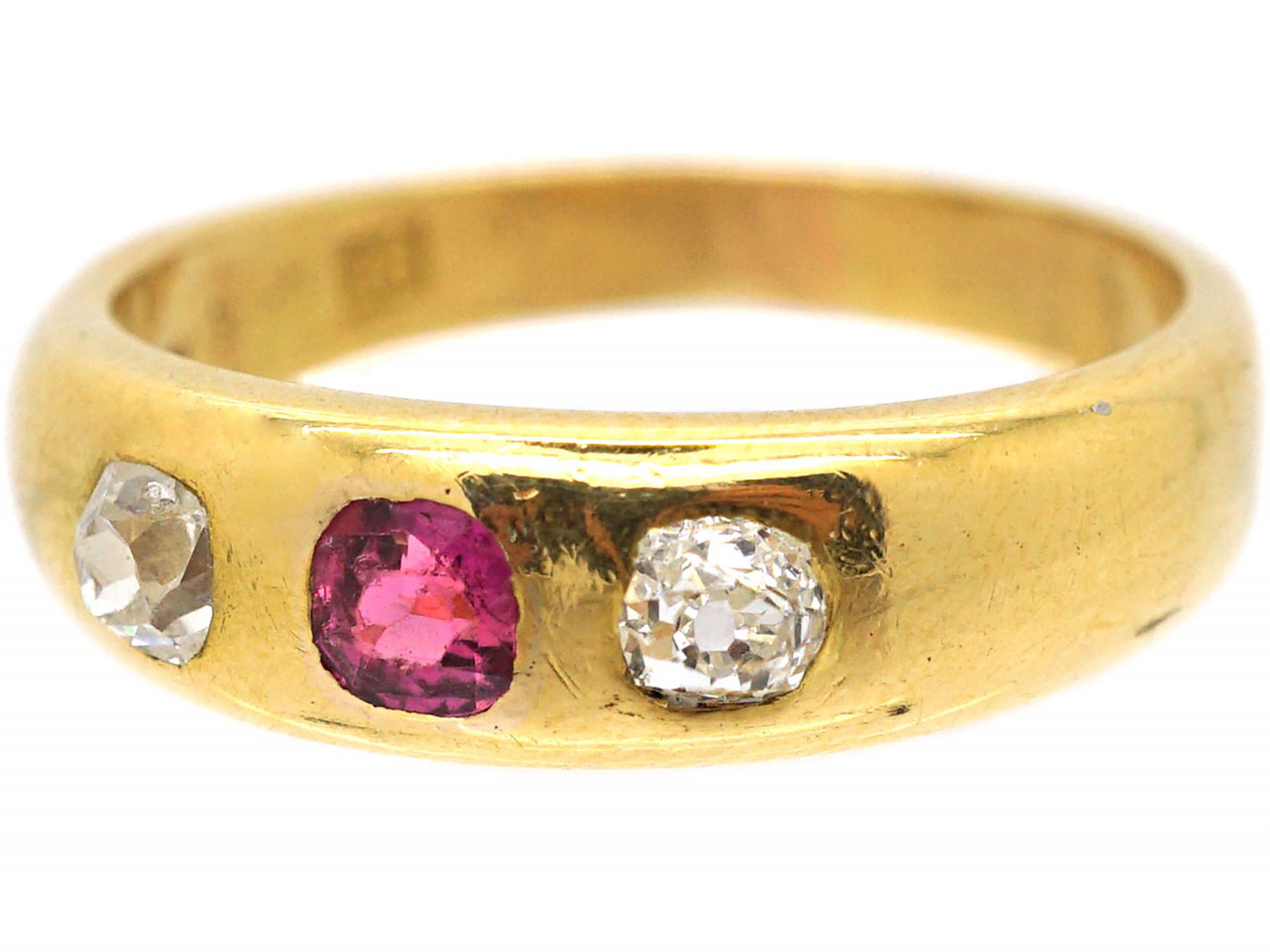 Edwardian 18ct Gold, Pink Sapphire & Diamond Three Stone Rub Over Ring ...