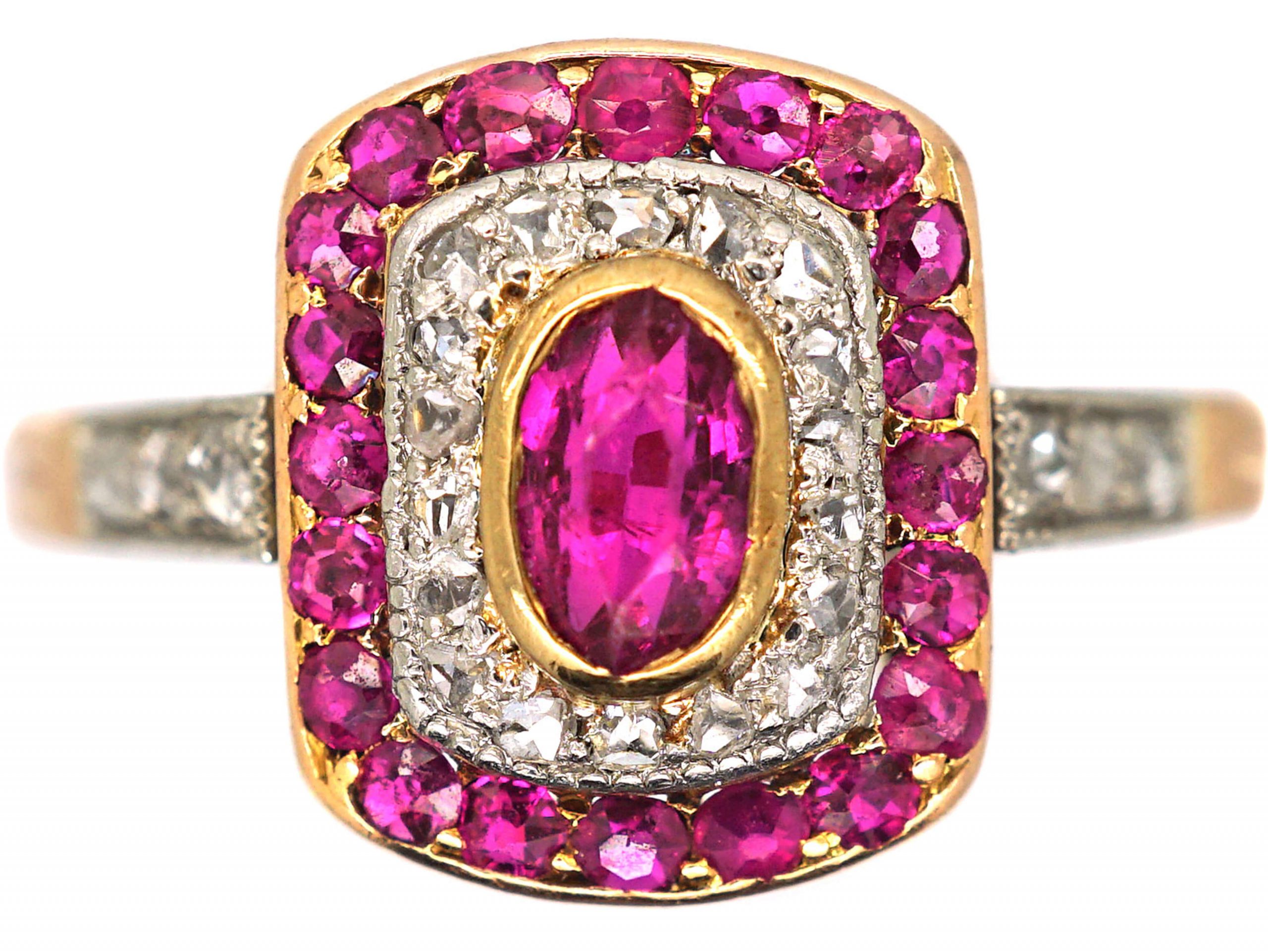 Art Deco 14ct Gold & Platinum, Ruby & Rose Diamond Rectangular Shaped ...